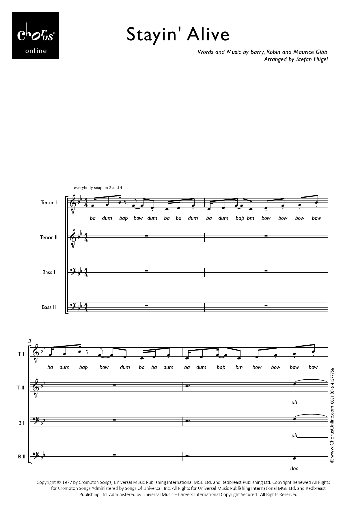 Stayin' Alive (arr. Stefan Flügel) Sheet Music | Bee Gees | TTBB Choir