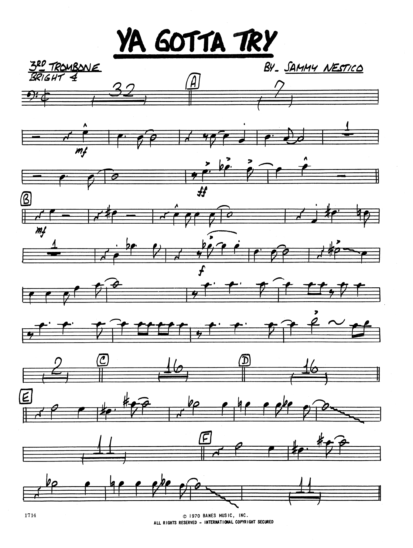Ya Gotta Try - 3rd Trombone Sheet Music | Sammy Nestico | Jazz Ensemble