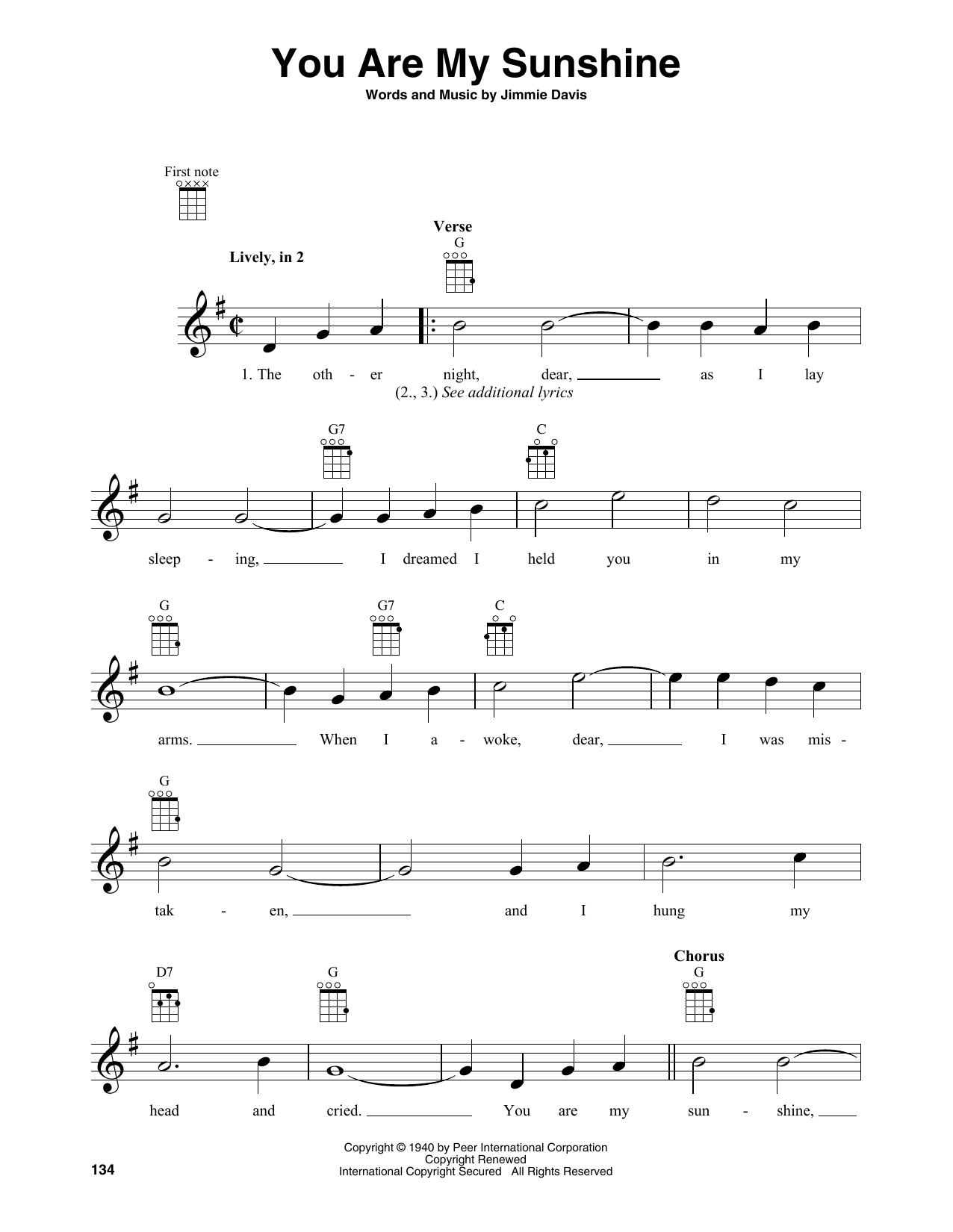 You Are My Sunshine Noten Jimmie Davis Bariton Ukulele You Are My Sunshine Noten Jimmie Davis Bariton Ukulele