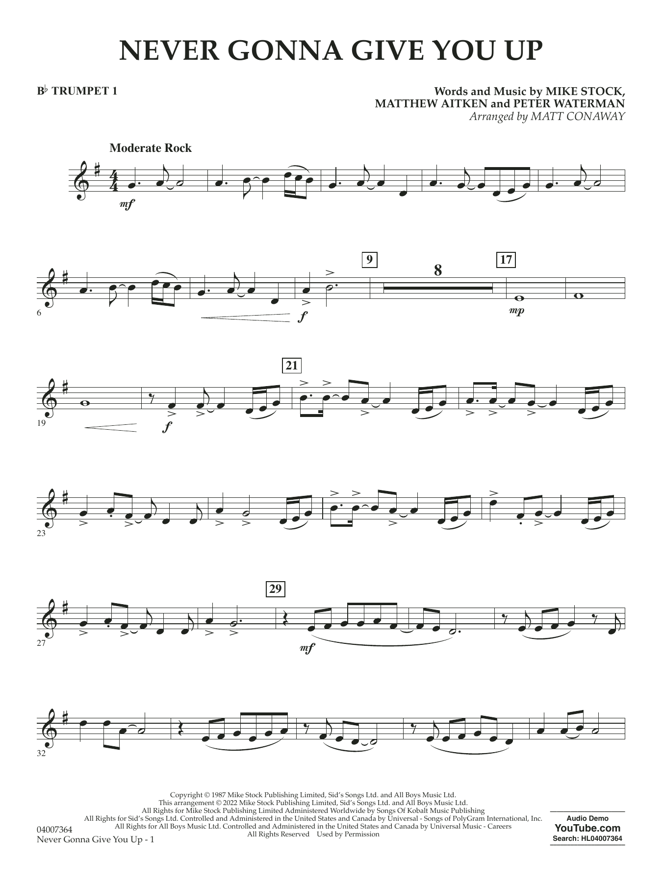 Never Gonna Give You Up arr Matt Conaway Bb Trumpet 1 Sheet Music