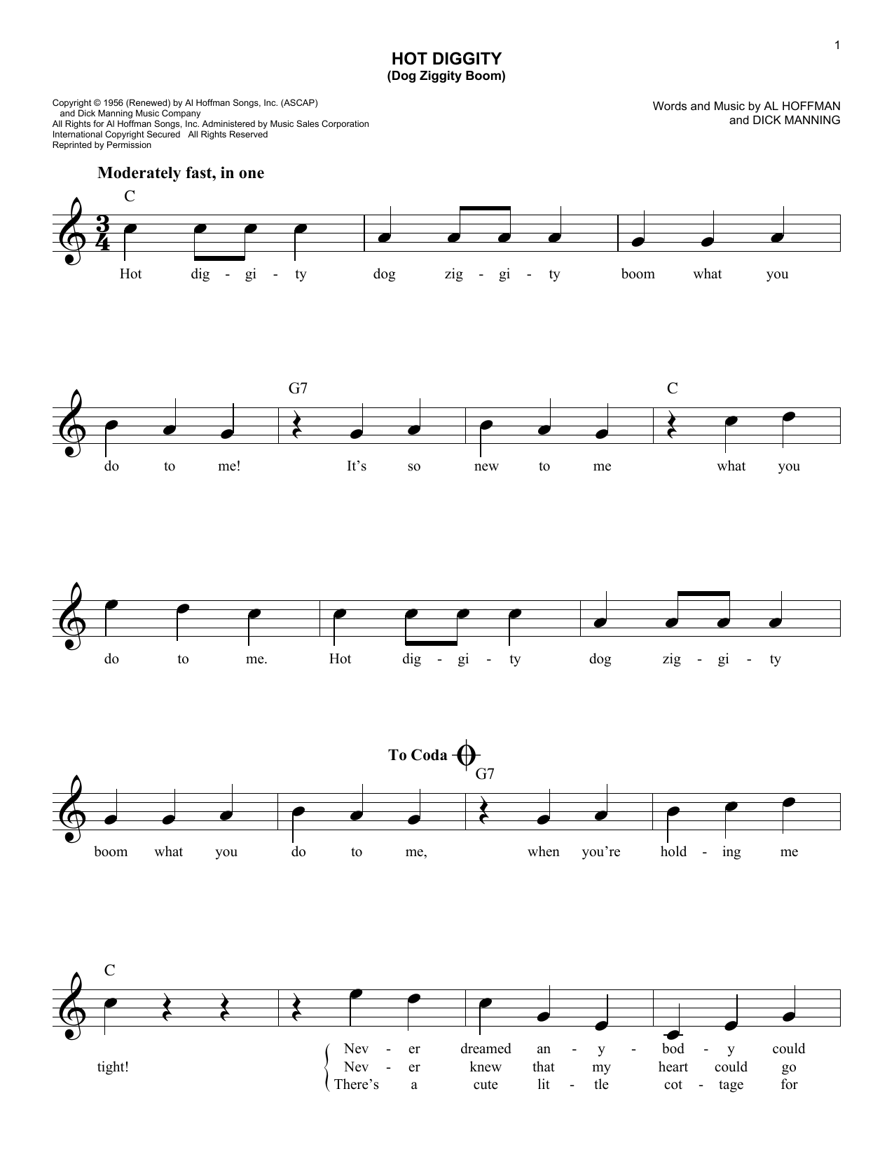 Hot Diggity Dog Ziggity Boom Sheet Music Perry Como Easy Lead