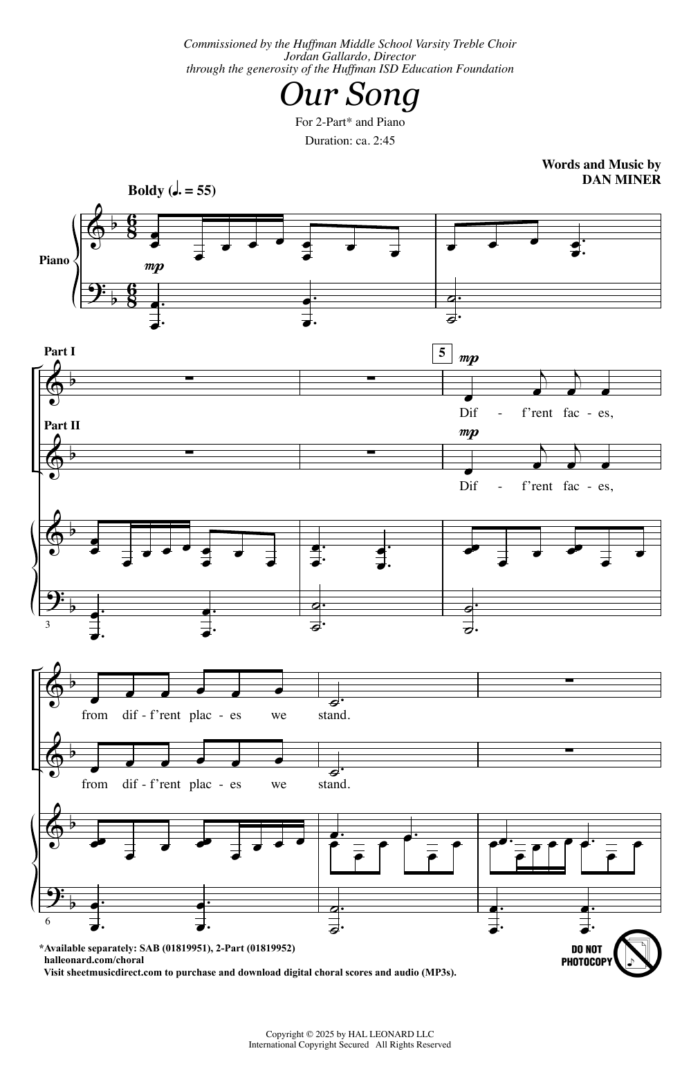 Our Song by Dan Miner Sheet Music for 2-Part Choir at Sheet Music Direct