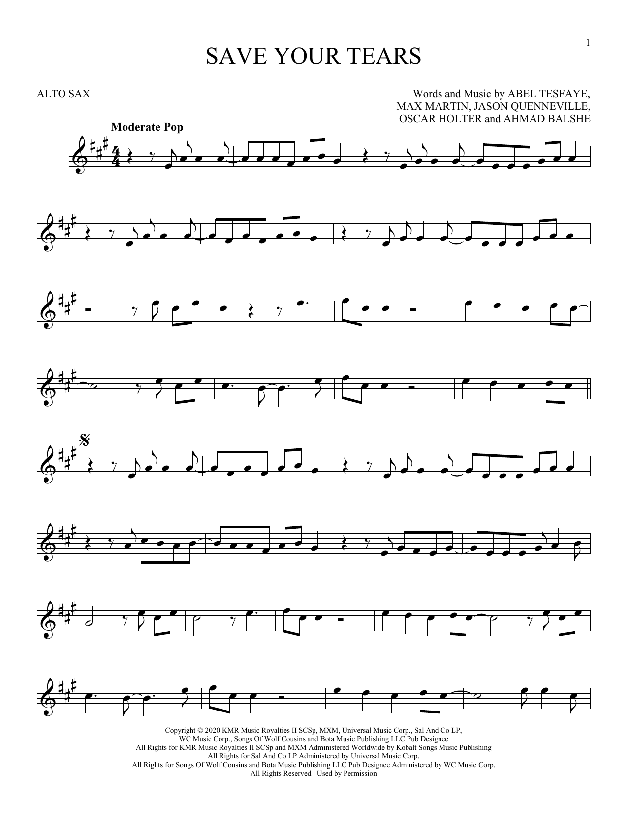 Save Your Tears by The Weeknd Sheet Music for Alto Sax Solo at Sheet ...