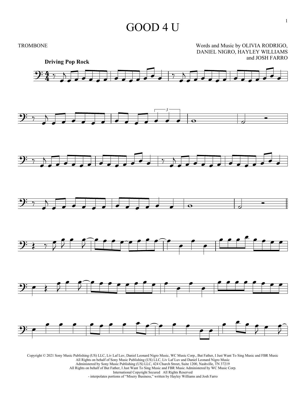 good 4 u by Olivia Rodrigo Sheet Music for Trombone Solo at Sheet Music ...