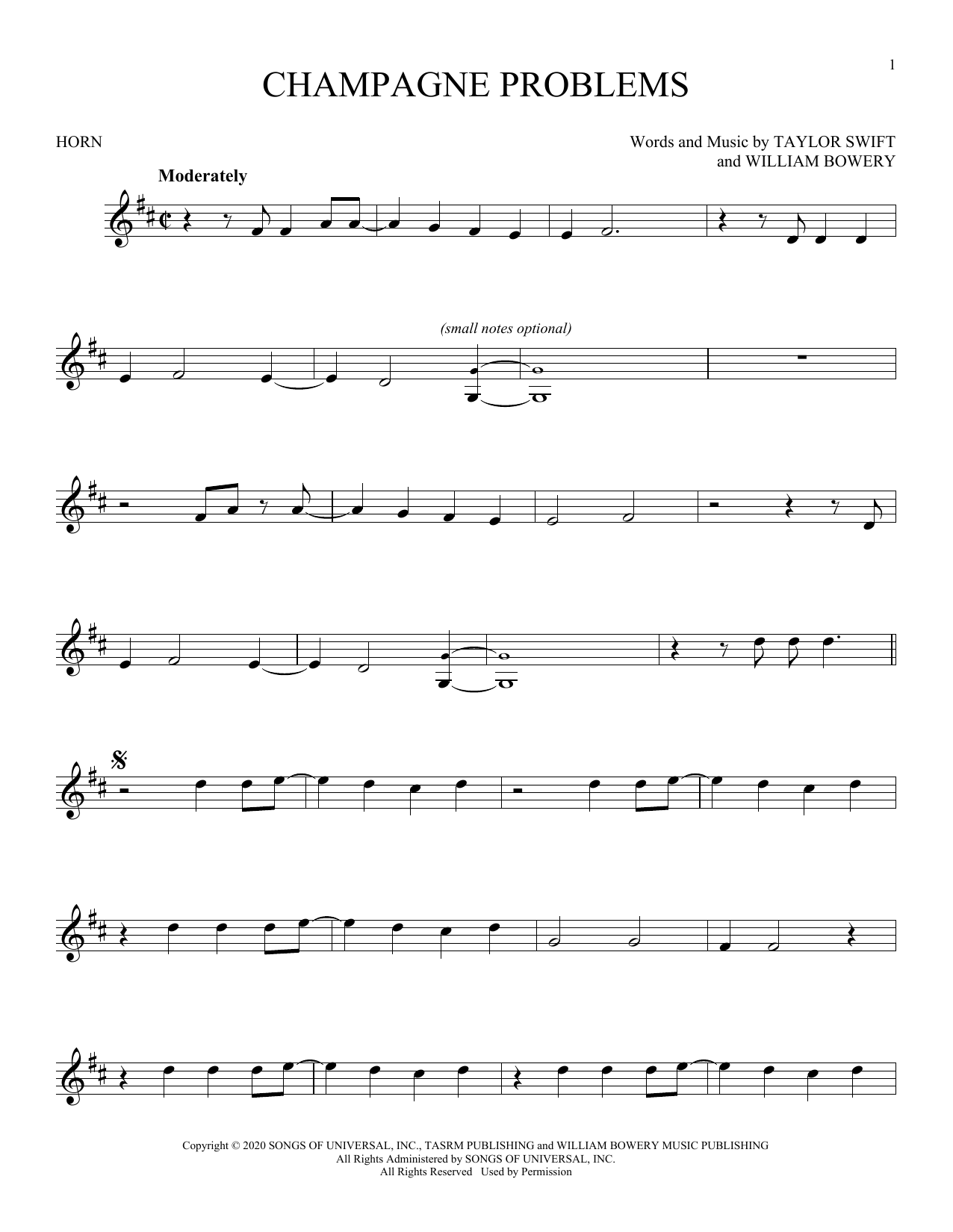 champagne problems by Taylor Swift Sheet Music for French Horn Solo at ...