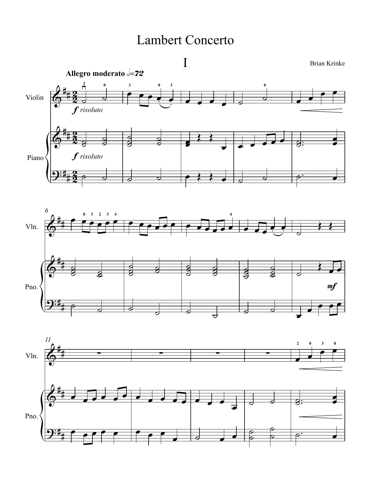 Lambert Concerto (Violin and piano reduction) by Brian Krinke Sheet ...