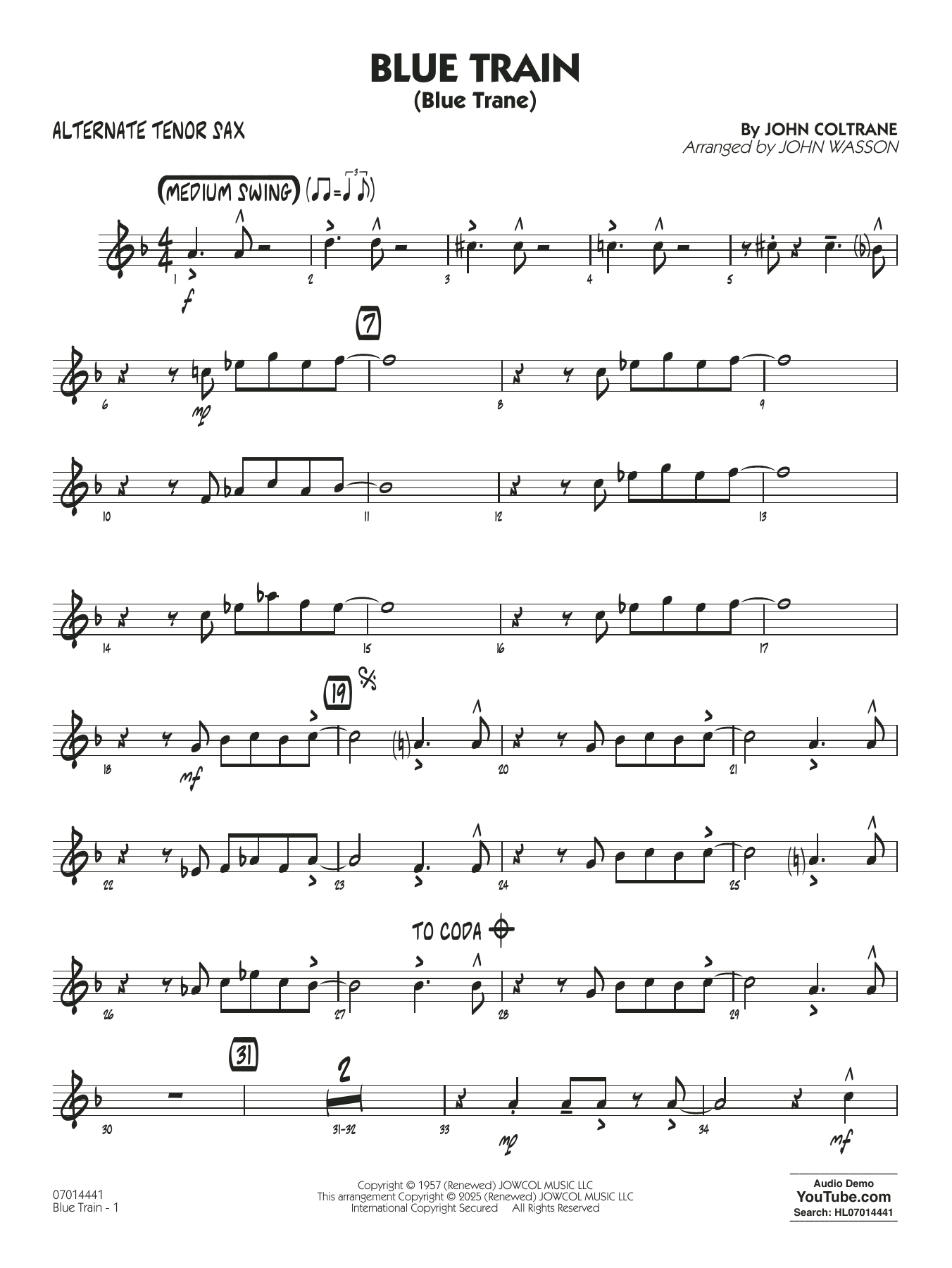 Blue Train (Blue Trane) (arr. Blue Train (Blue Trane) (arr. Wasson ...