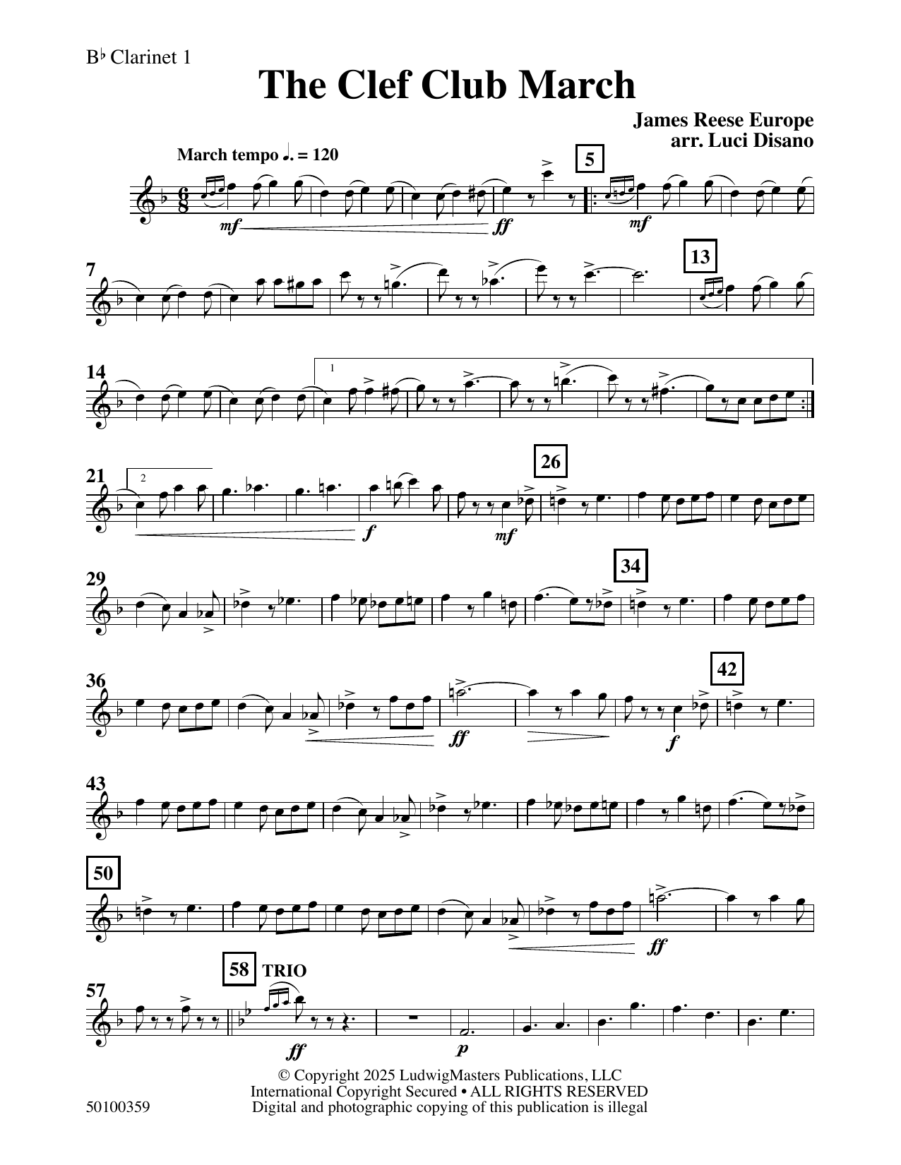 The Clef Club March (arr. Luci Disano) - Clarinet 1 by James Reese ...