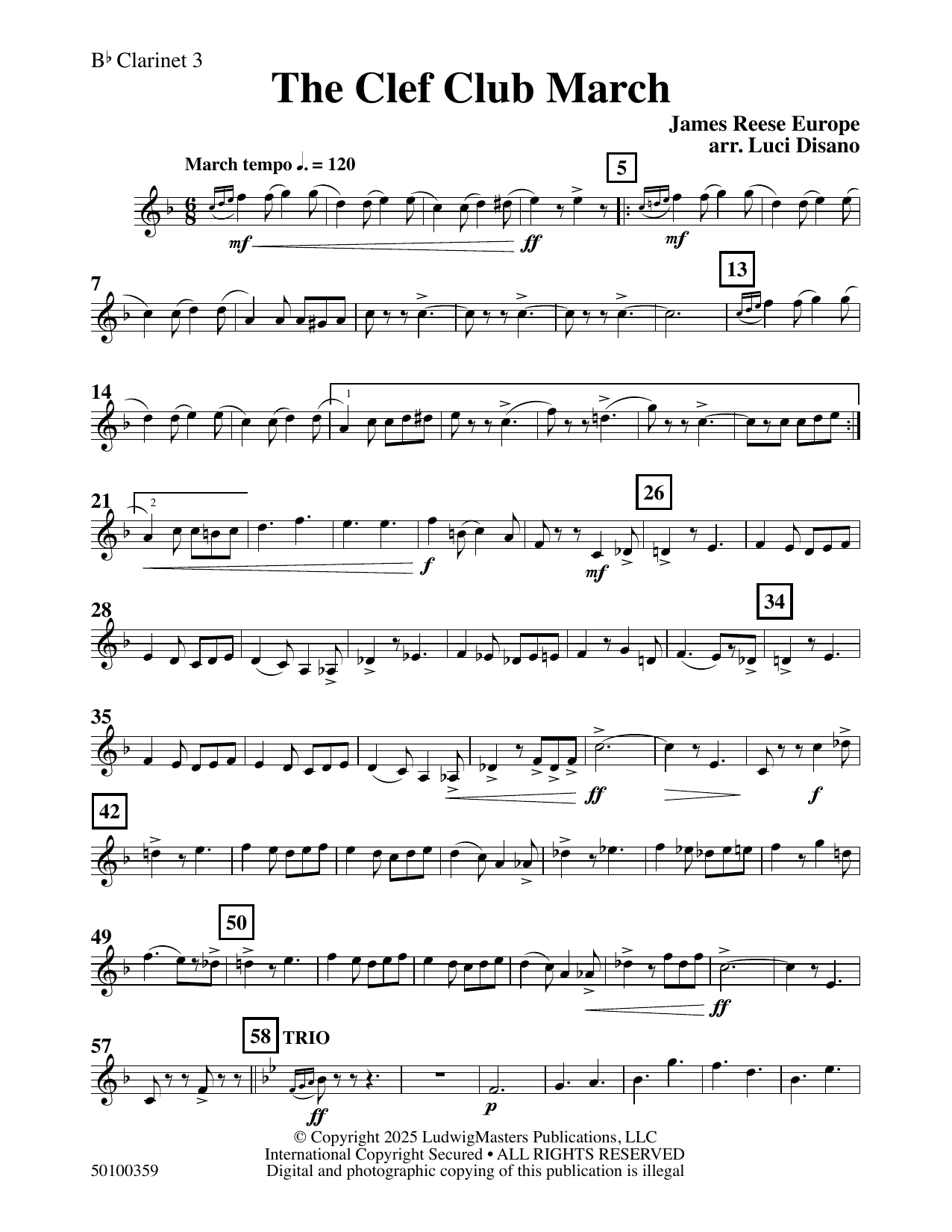 The Clef Club March (arr. Luci Disano) - Clarinet 3 by James Reese ...