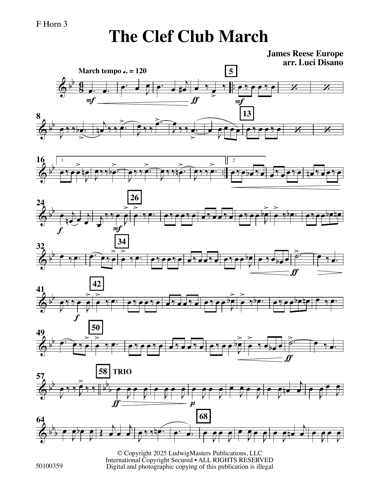 The Clef Club March (arr. Luci Disano) - Horn 3 by James Reese Europe ...