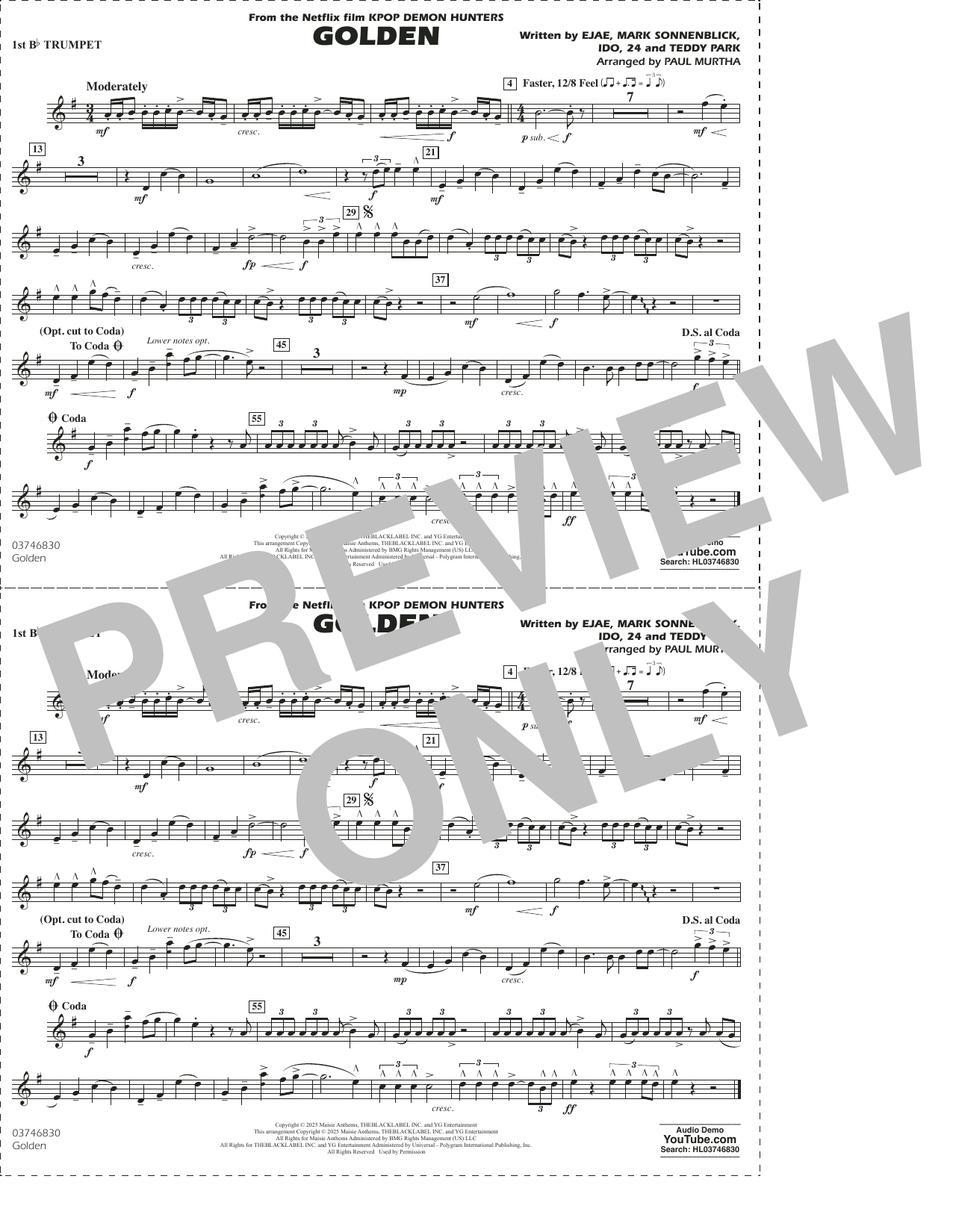 Golden (from KPop Demon Hunters) (arr. Paul Murtha) - 1st Bb Trumpet por Huntr/x (Ejae, Audrey ...