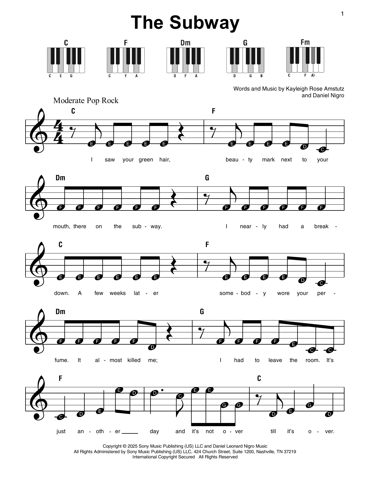 The Subway by Chappell Roan Sheet Music for Super Easy Piano at Sheet ...