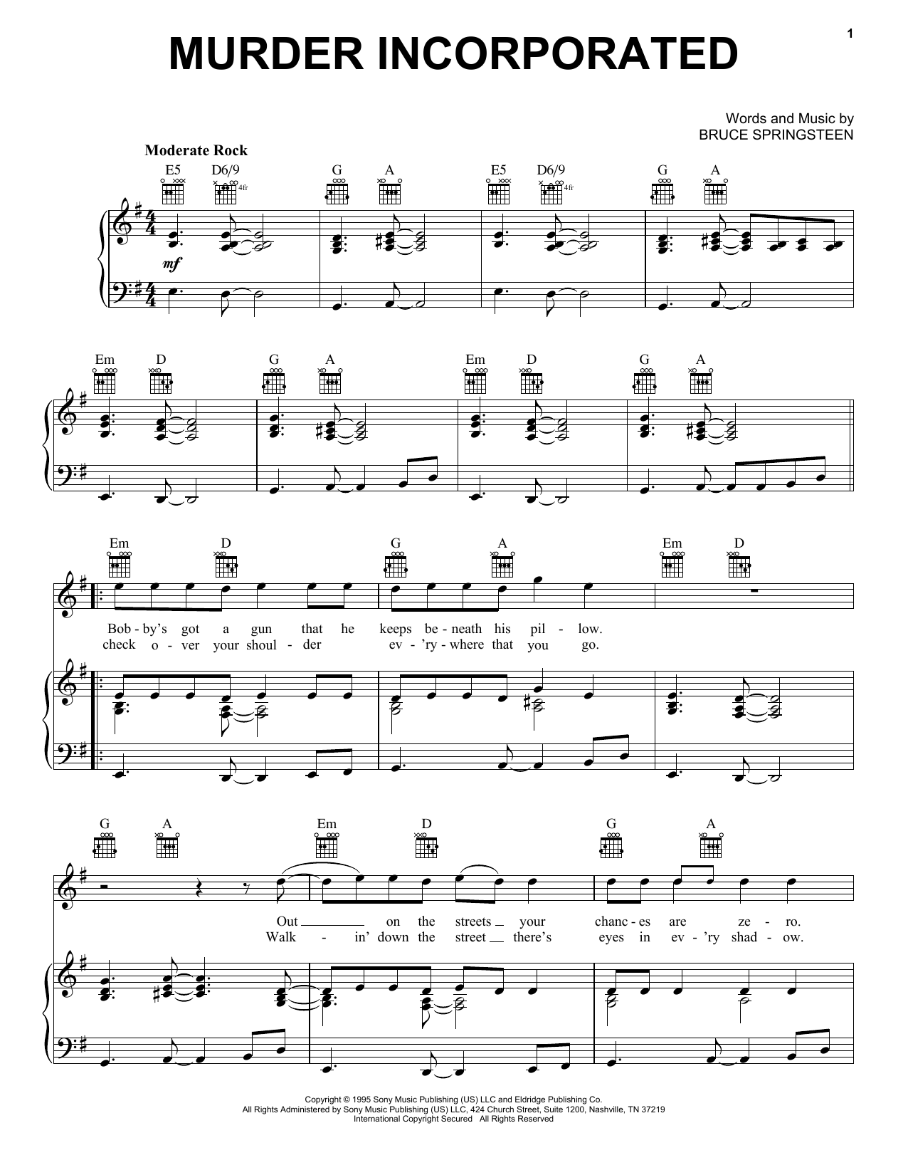 Murder Incorporated by Bruce Springsteen Sheet Music for Piano, Vocal ...