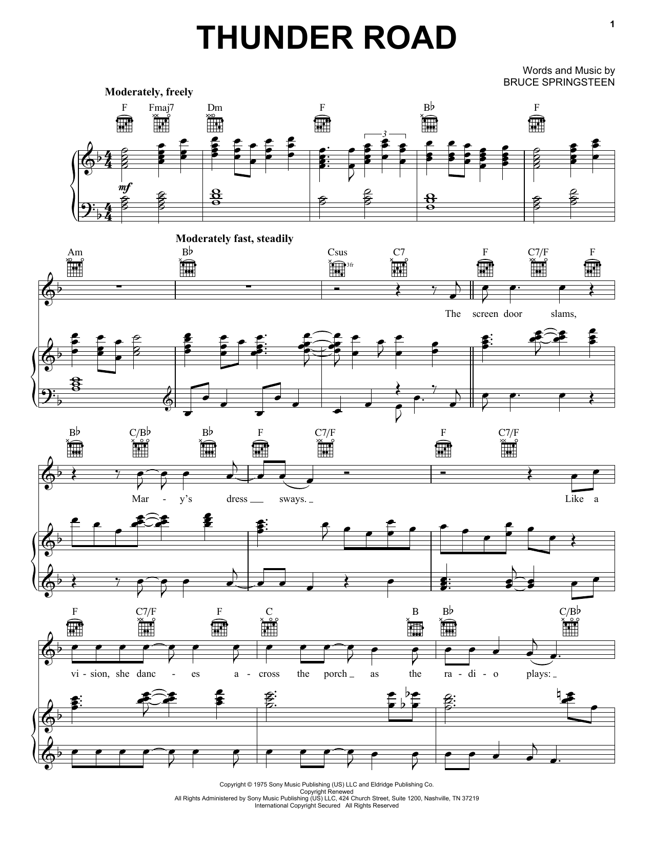 Thunder Road by Bruce Springsteen Sheet Music for Piano, Vocal & Guitar ...