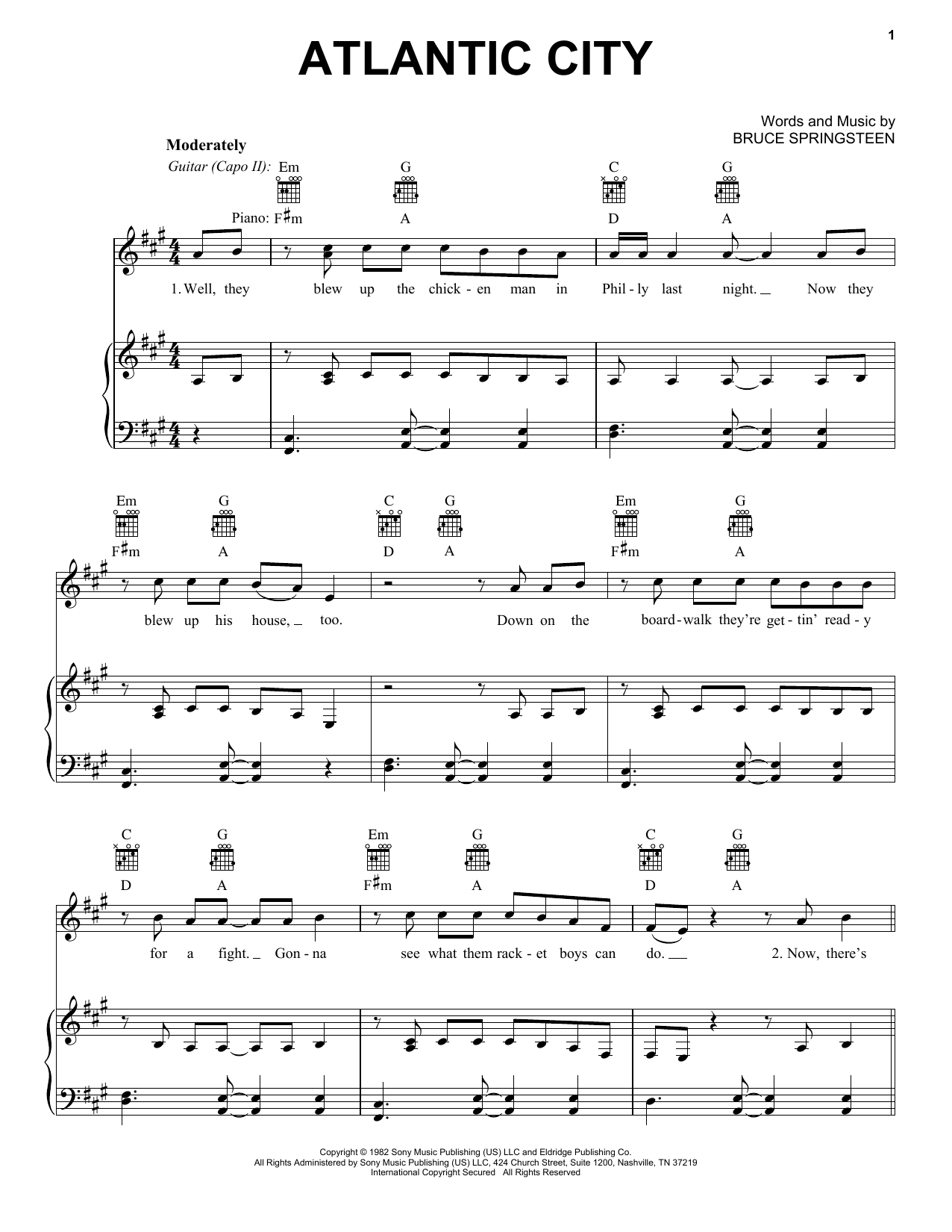 Atlantic City by Bruce Springsteen Sheet Music for Piano, Vocal ...