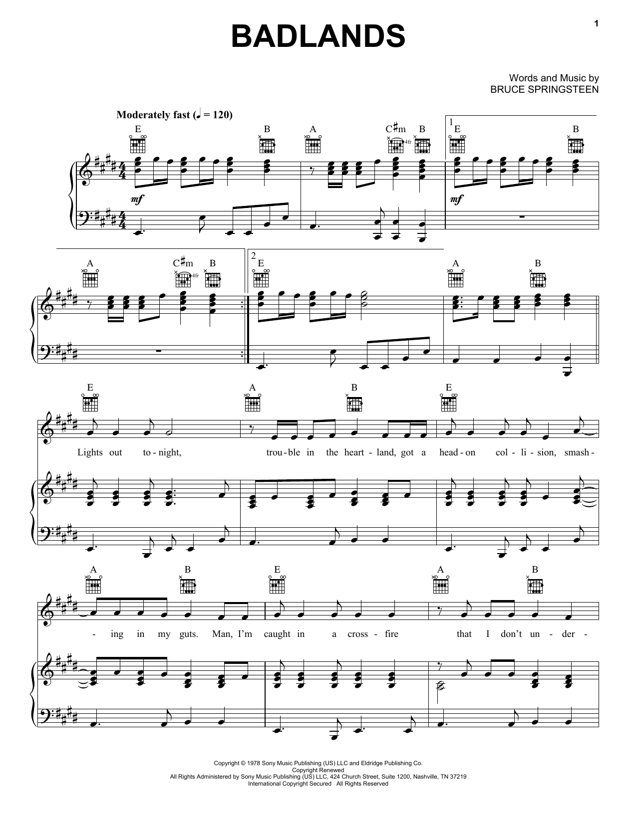 Badlands by Bruce Springsteen Sheet Music for Piano, Vocal & Guitar ...