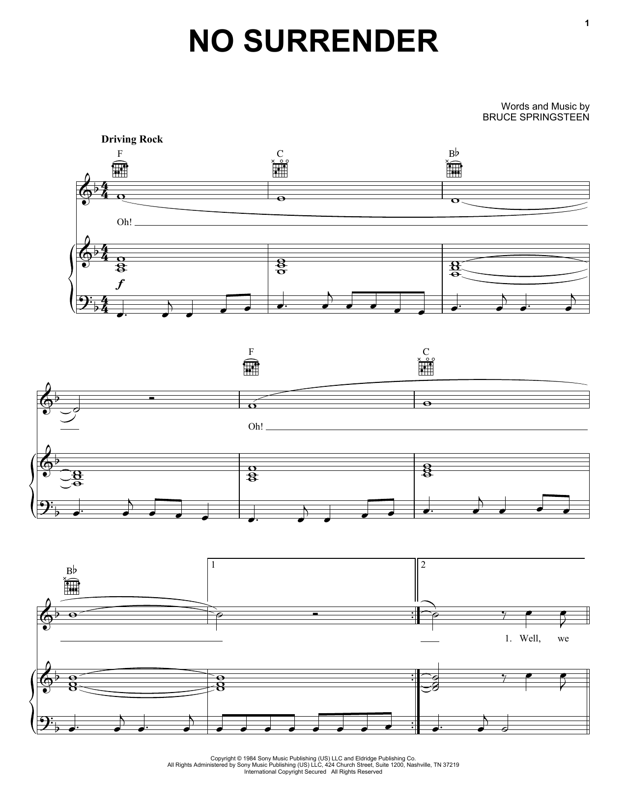 No Surrender by Bruce Springsteen Sheet Music for Piano, Vocal & Guitar ...