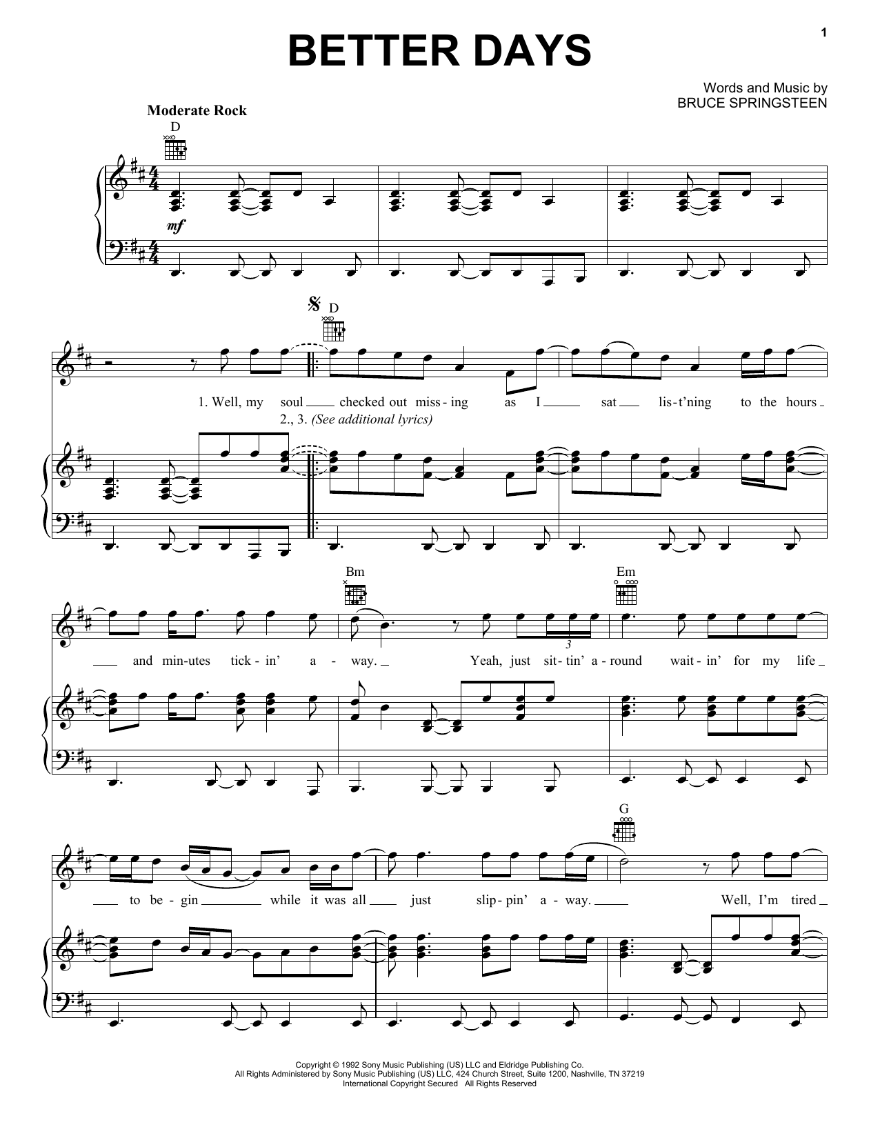 Better Days by Bruce Springsteen Sheet Music for Piano, Vocal & Guitar ...