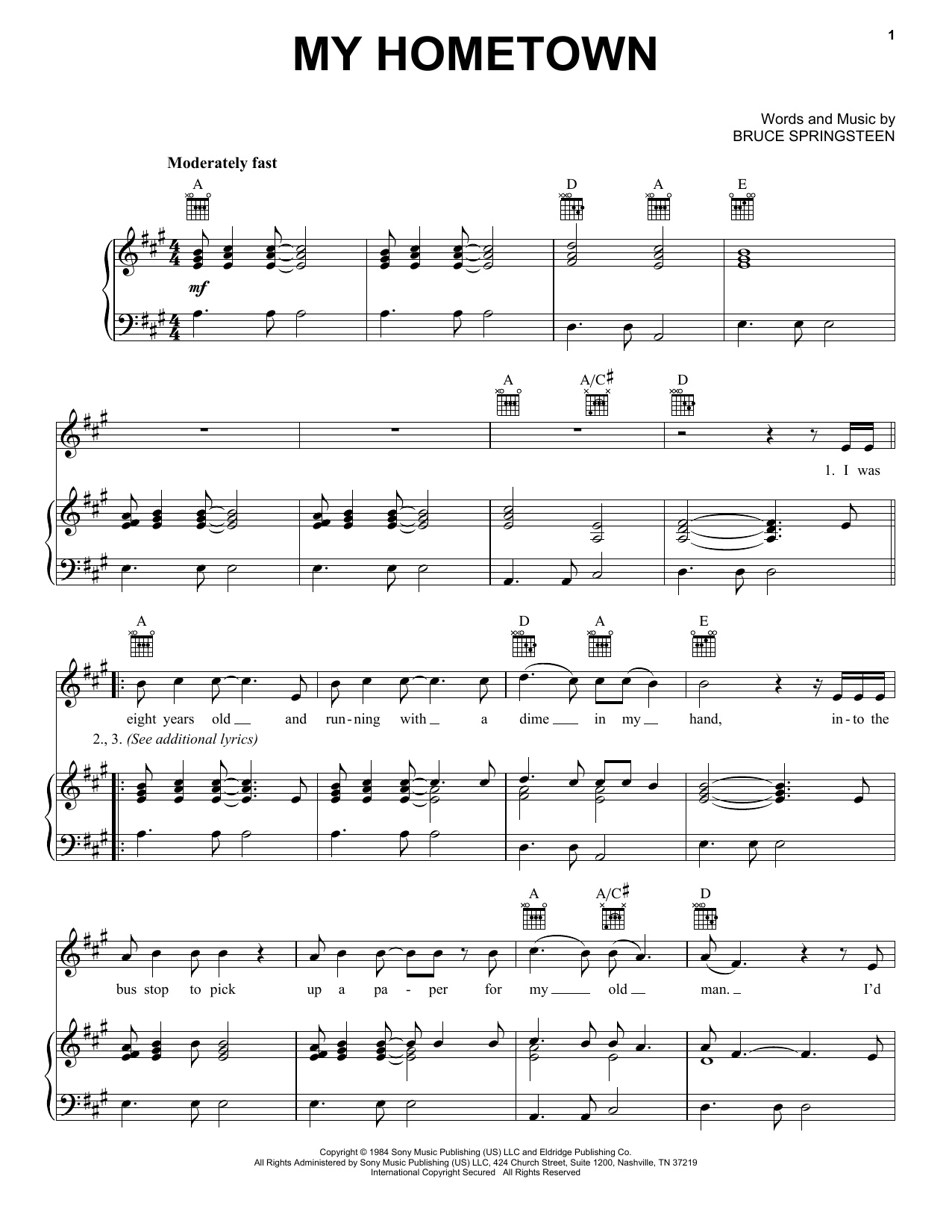 My Hometown by Bruce Springsteen Sheet Music for Piano, Vocal & Guitar ...