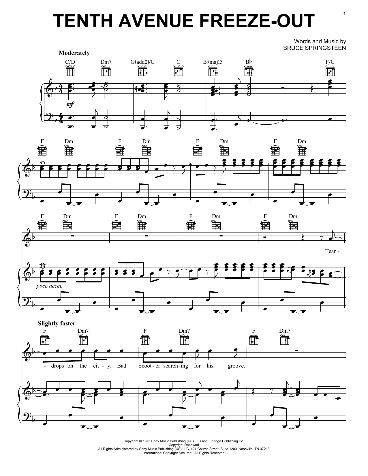 Tenth Avenue Freeze-Out by Bruce Springsteen Sheet Music for Piano ...