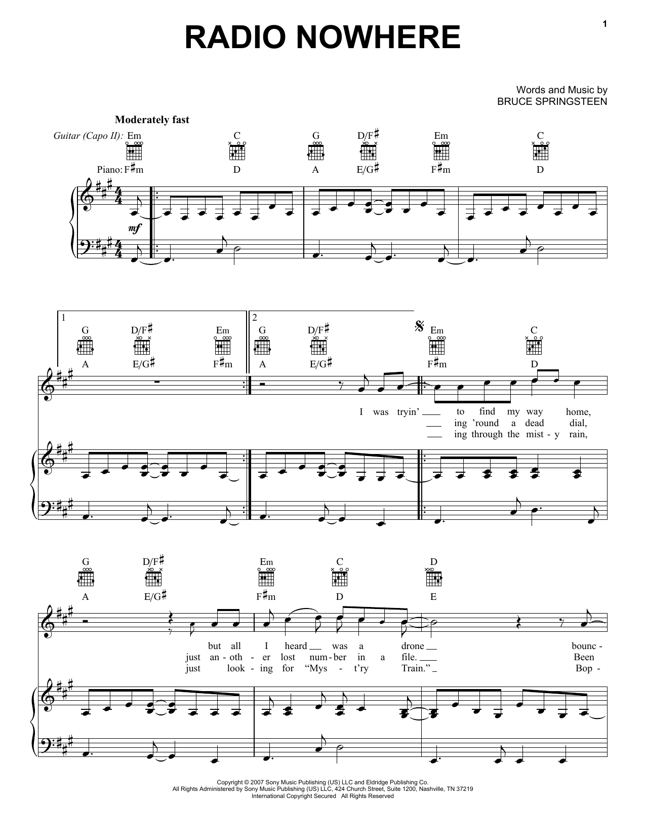 Radio Nowhere by Bruce Springsteen Sheet Music for Piano, Vocal ...