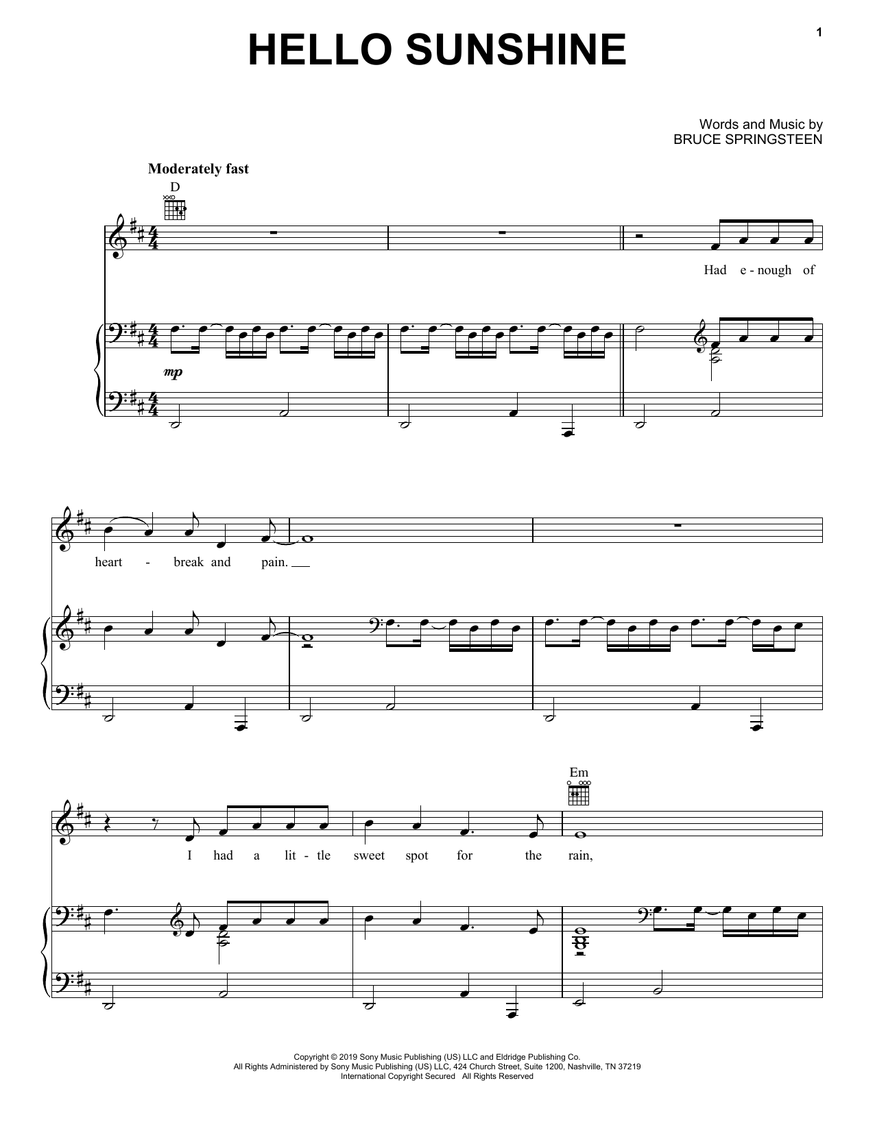 Hello Sunshine by Bruce Springsteen Sheet Music for Piano, Vocal ...