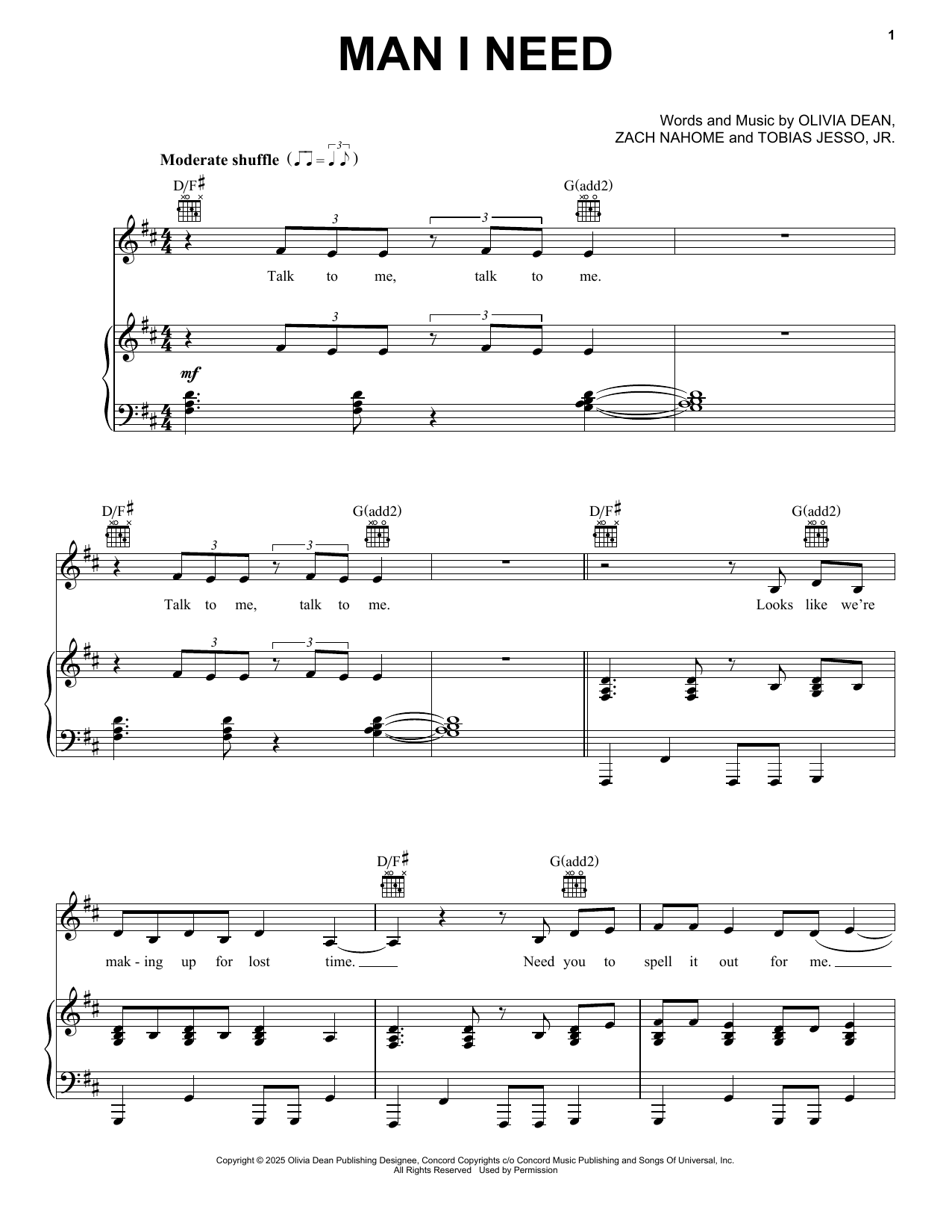 Man I Need by Olivia Dean Sheet Music for Piano, Vocal & Guitar Chords ...