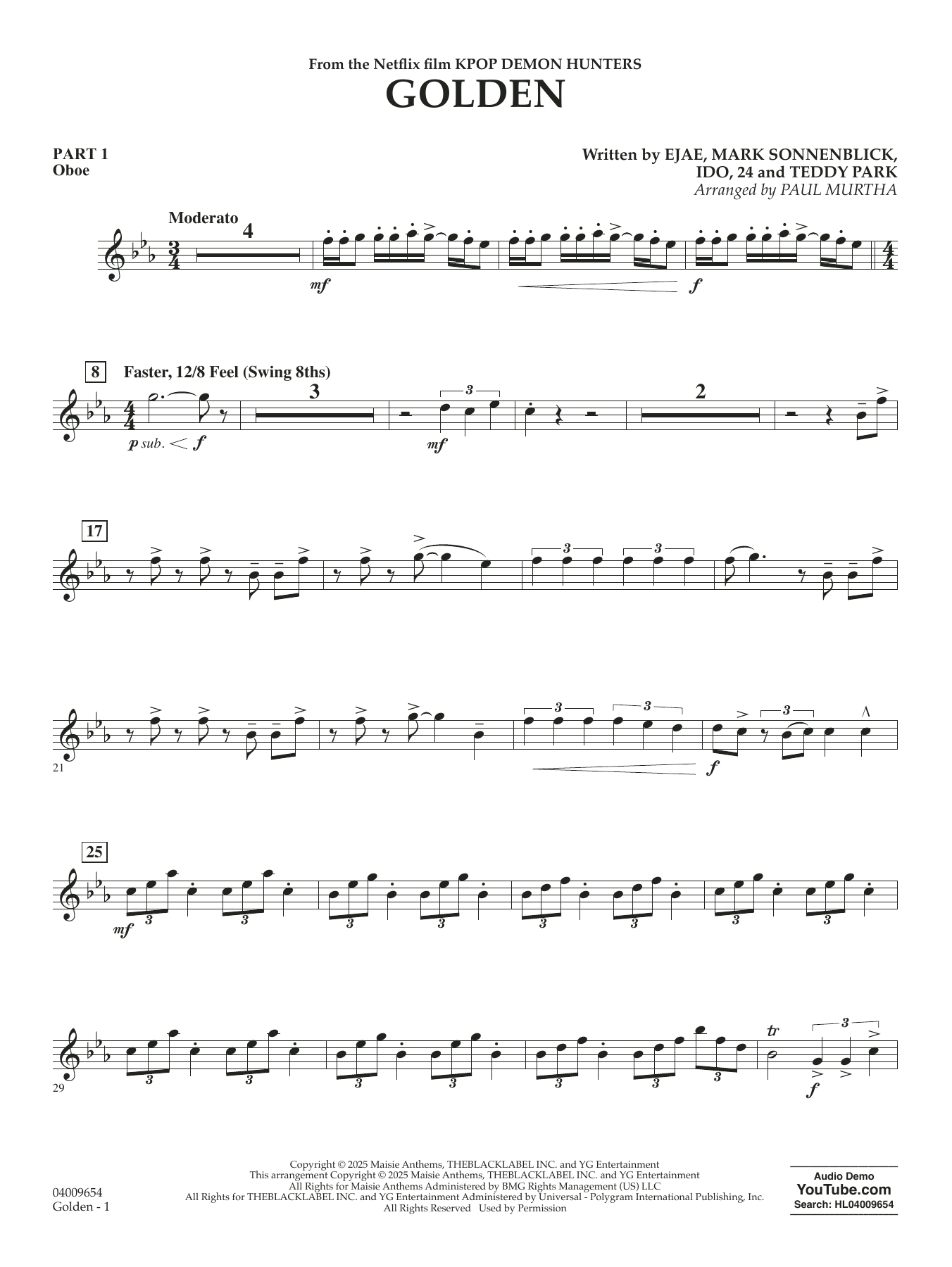 Golden (from KPop Demon Hunters) (arr. Paul Murtha) - Pt.1 - Oboe von Huntr/x (Ejae, Audrey Nuna ...