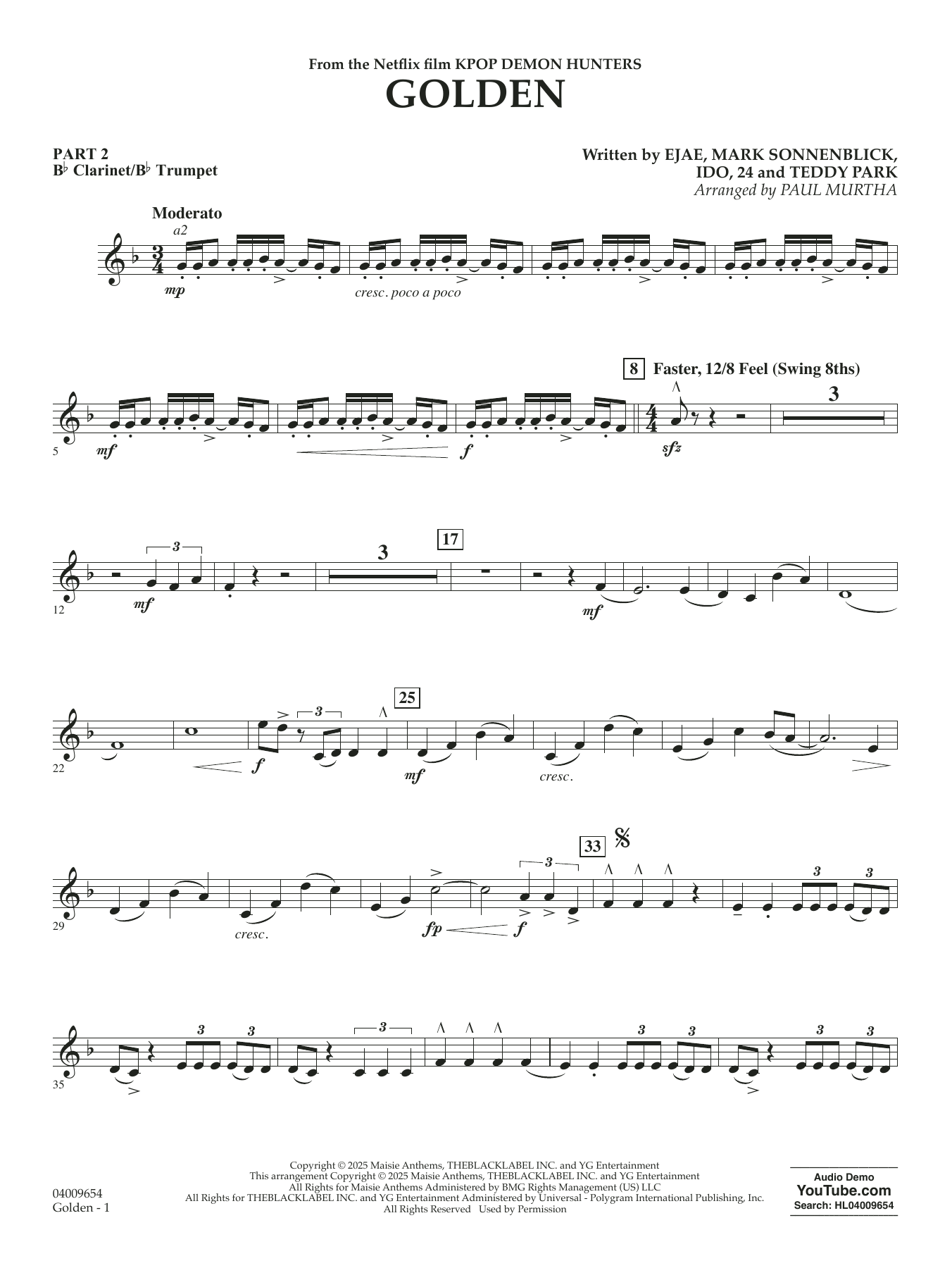 Golden (from KPop Demon Hunters) (arr. Paul Murtha) - Pt.2 - Bb Clarinet/Bb Trumpet by Huntr/x ...