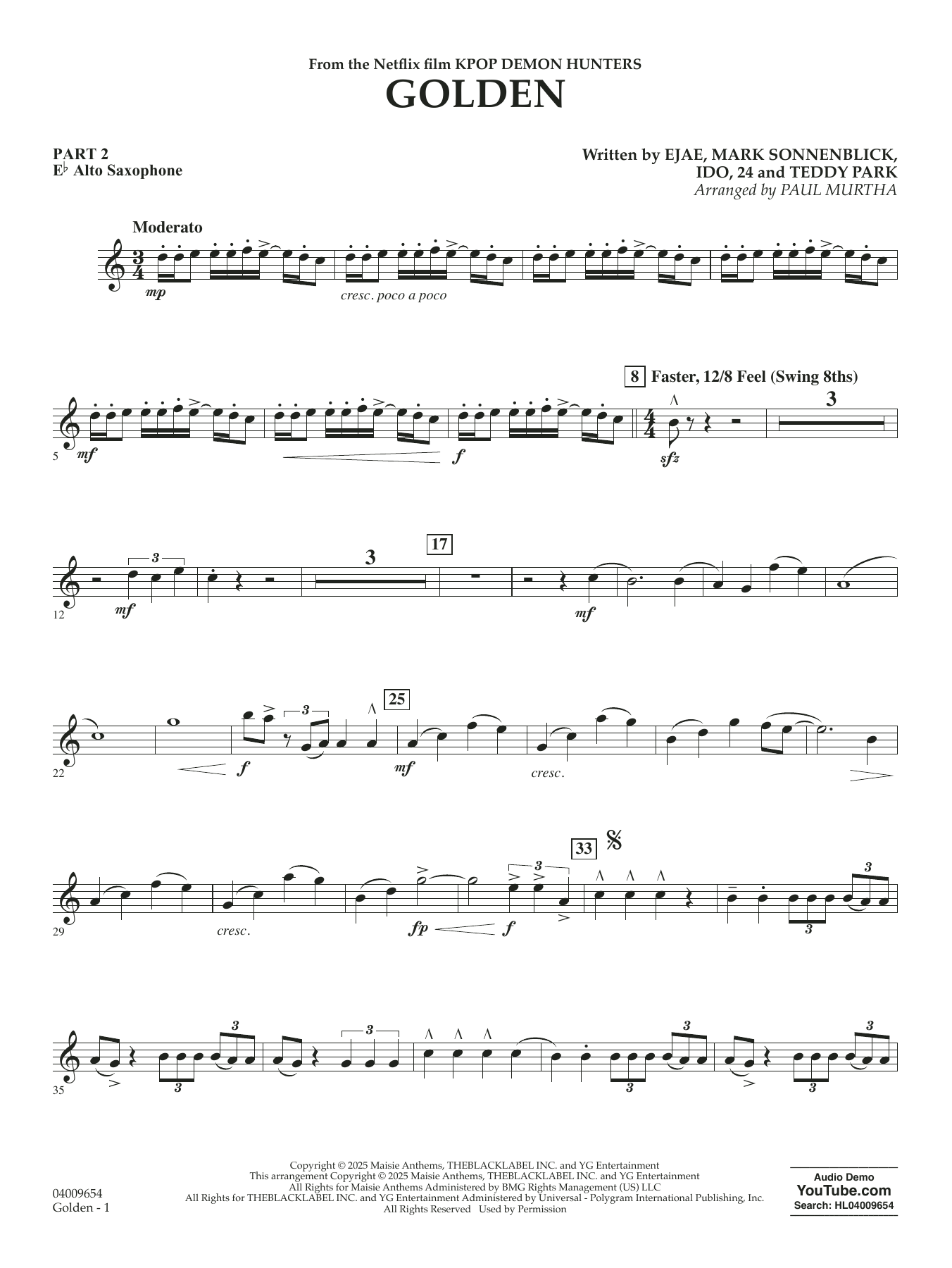 Golden (from KPop Demon Hunters) (arr. Paul Murtha) - Pt.2 - Eb Alto Saxophone by Huntr/x (Ejae ...