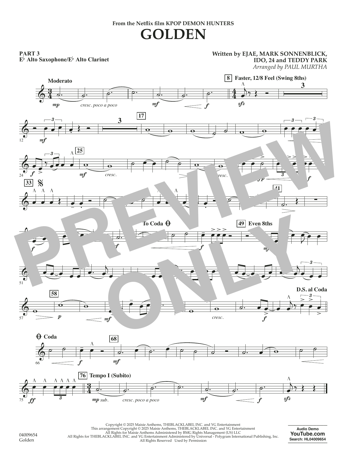 Golden (from KPop Demon Hunters) (arr. Paul Murtha) - Pt.3 - Eb Alto Sax/Alto Clar. von Huntr/x ...