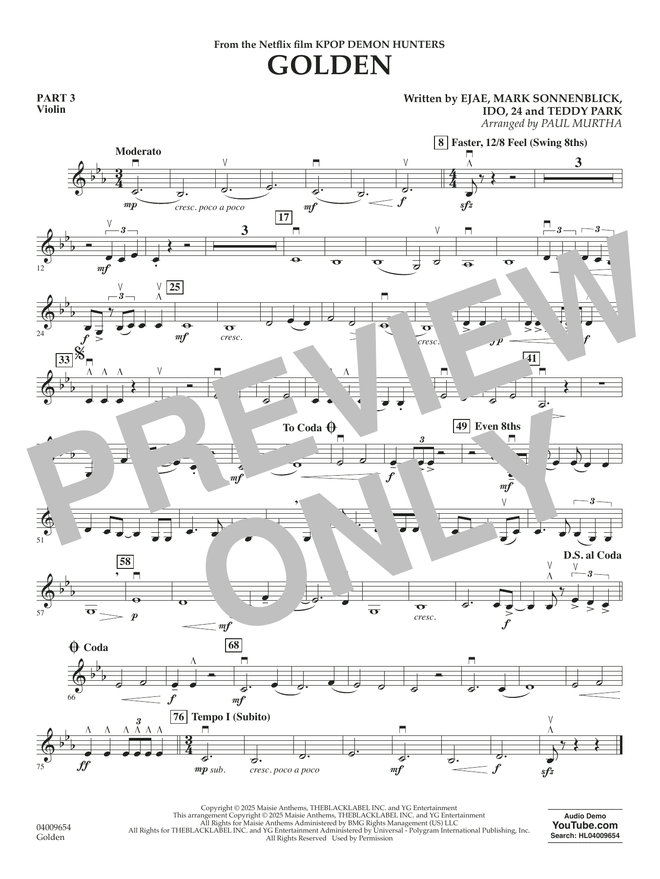 Golden (from KPop Demon Hunters) (arr. Paul Murtha) - Pt.3 - Violin by ...