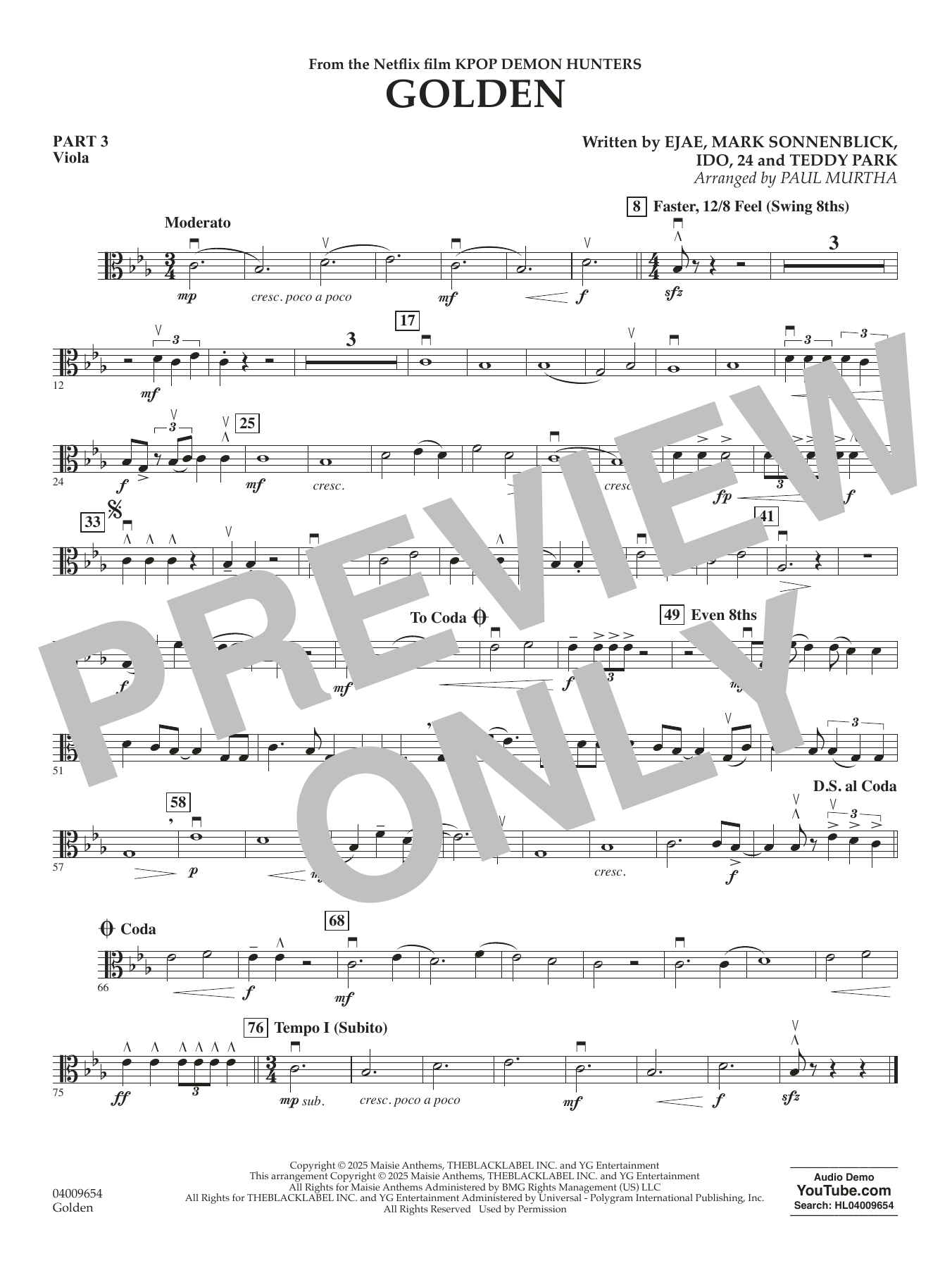 Golden (from KPop Demon Hunters) (arr. Paul Murtha) - Pt.3 - Viola by Huntr/x (Ejae, Audrey Nuna ...