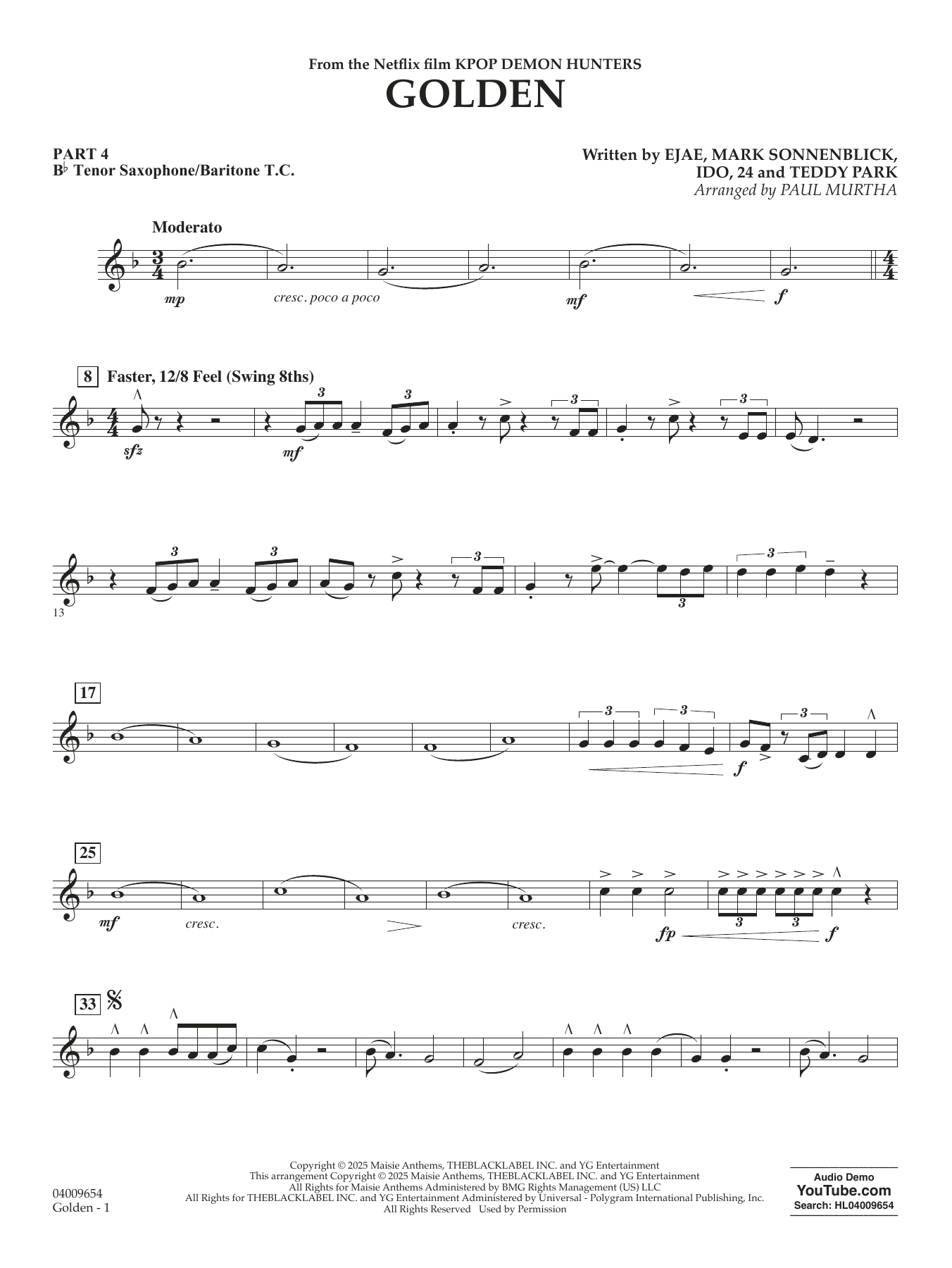 Golden (from KPop Demon Hunters) (arr. Paul Murtha) - Pt.4 - Bb Tenor ...