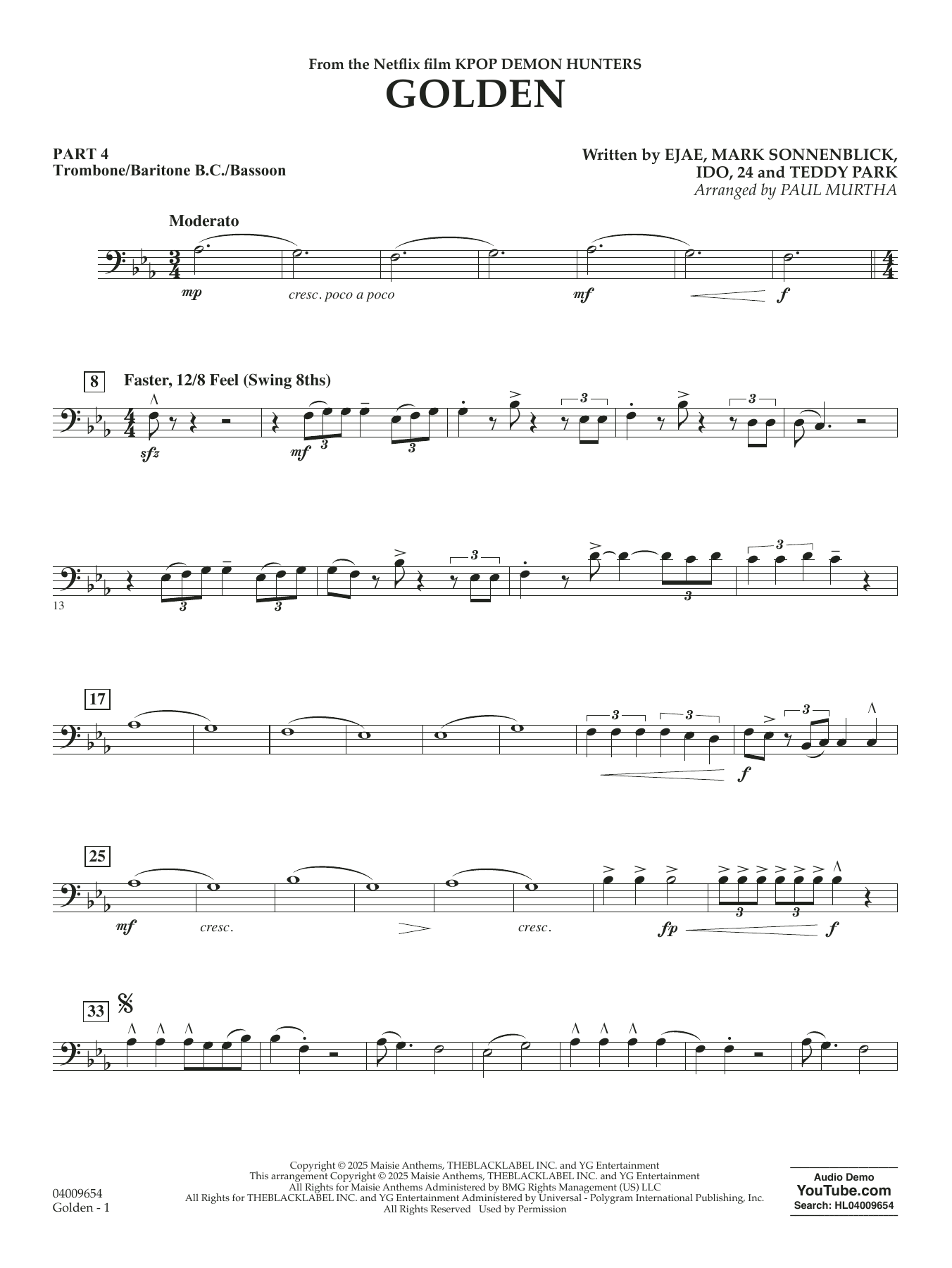 Golden (from KPop Demon Hunters) (arr. Paul Murtha) - Pt.4 - Trombone/Bar. B.C./Bsn. by Huntr/x ...