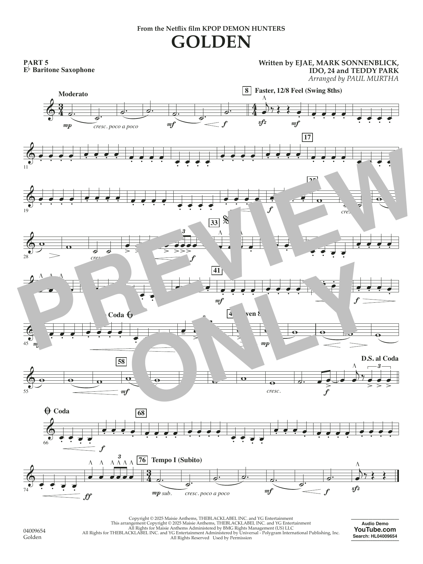 Golden (from KPop Demon Hunters) (arr. Paul Murtha) - Pt.5 - Eb Baritone Saxophone by Huntr/x ...