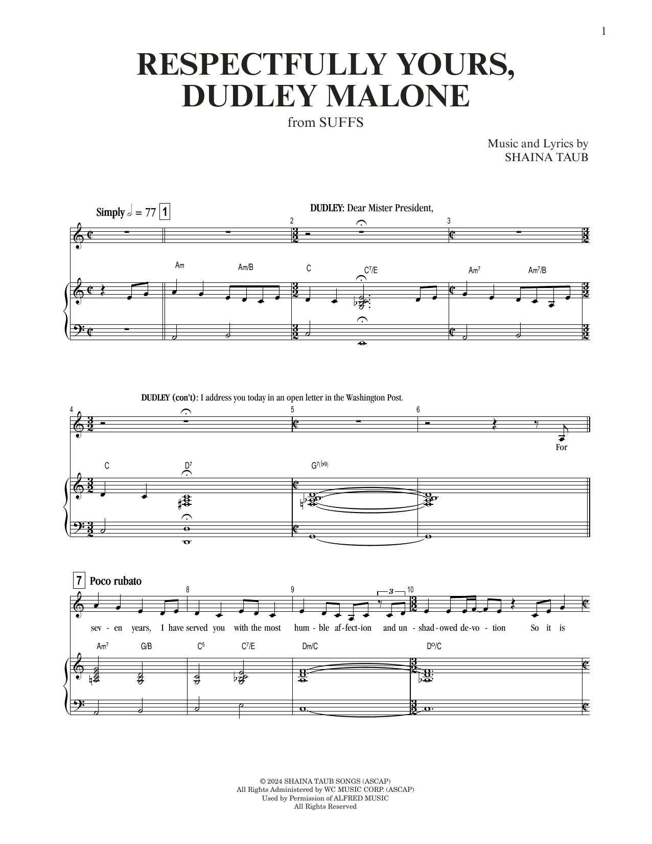 Respectfully Yours, Dudley Malone (from Suffs) by Shaina Taub Sheet ...