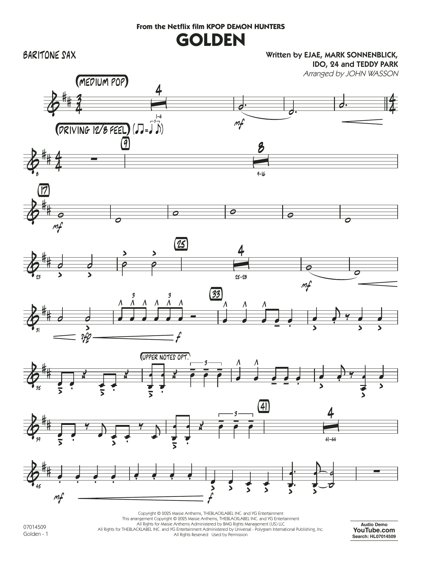 Golden (from Kpop Demon Hunters) (arr. John Wasson) - Baritone Sax by Huntr/x (Ejae, Audrey Nuna ...