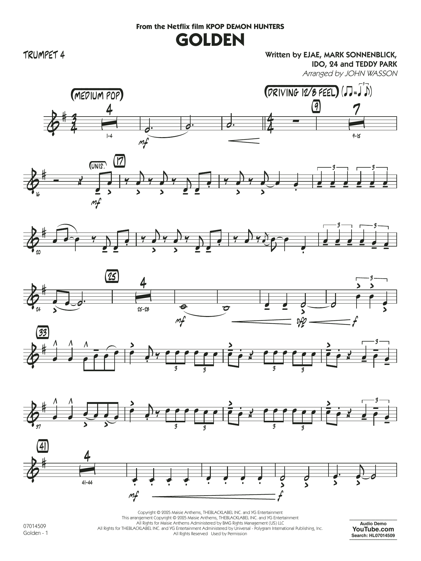 Golden (from Kpop Demon Hunters) (arr. John Wasson) - Trumpet 4 by Huntr/x (Ejae, Audrey Nuna ...