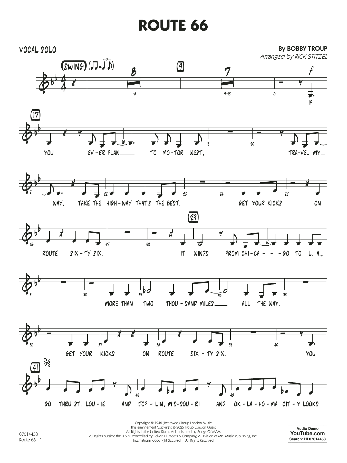 Route 66 (arr. Rick Stitzel) - Vocal Solo by Manhattan Transfer Sheet ...