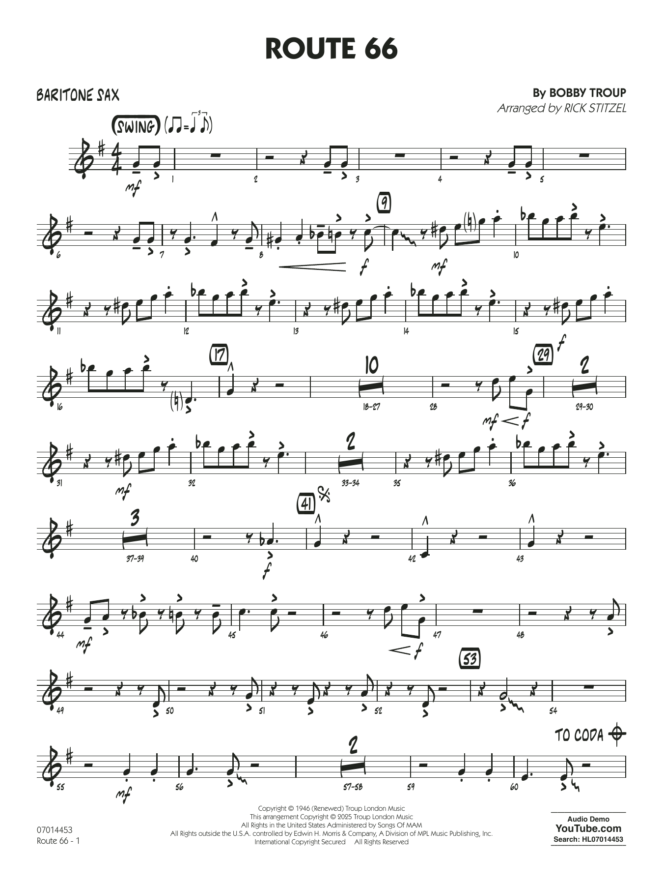Route 66 (arr. Rick Stitzel) - Baritone Sax by Manhattan Transfer Sheet ...