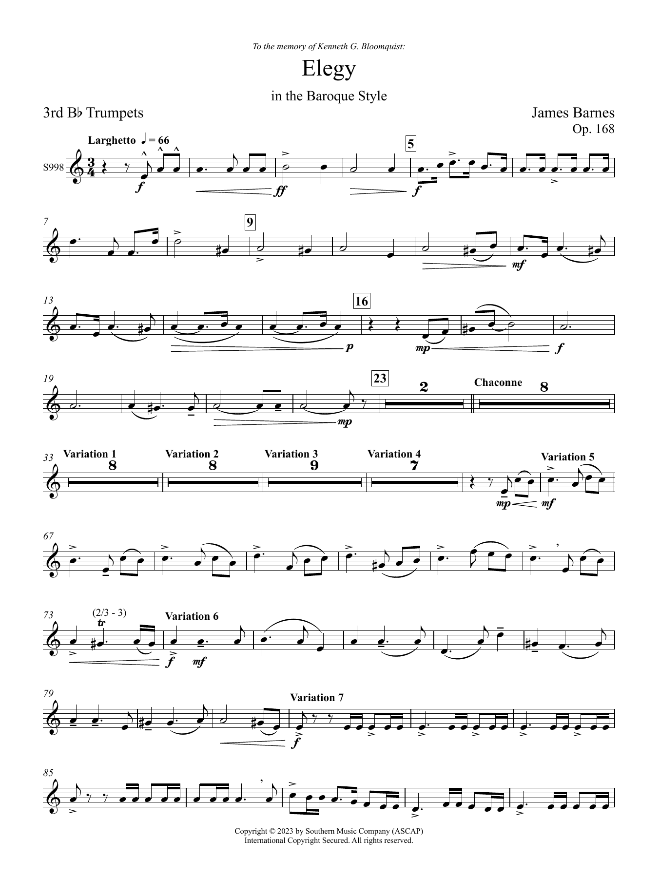 Elegy in the Baroque Style - Trumpet 3 by James Barnes Sheet Music for ...