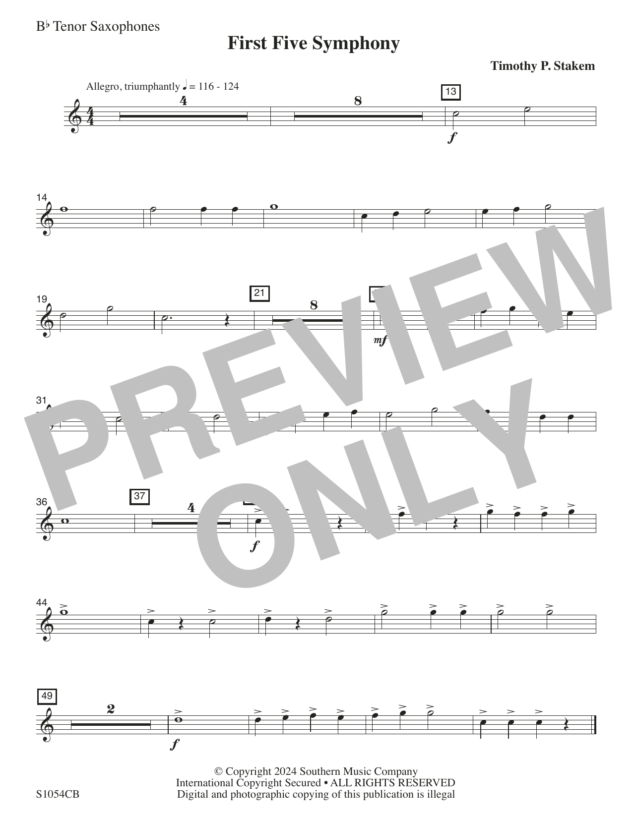 First Five Symphony - Tenor Saxophone by Timothy P. Stakem Sheet Music ...