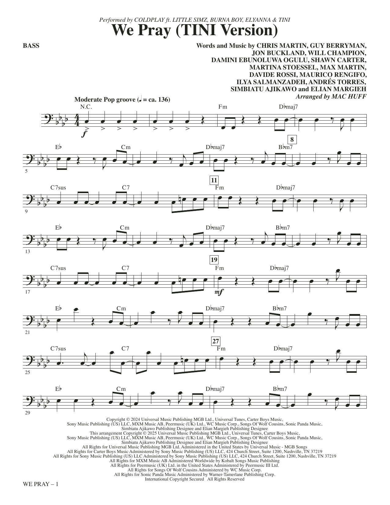 We Pray (TINI Version) (arr. Mac Huff) - Bass by Coldplay Sheet Music ...