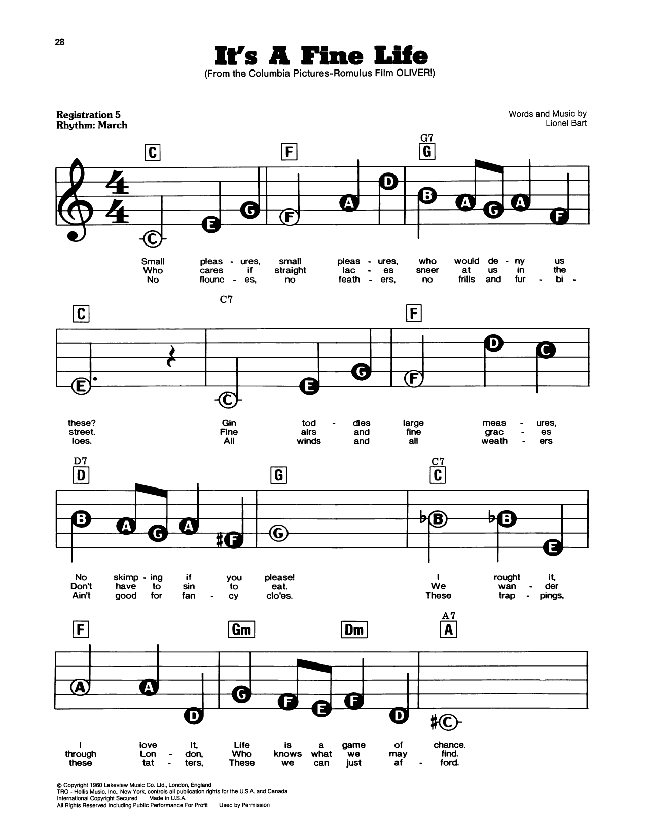 It's A Fine Life (from Oliver) by Lionel Bart Sheet Music for E-Z Play ...