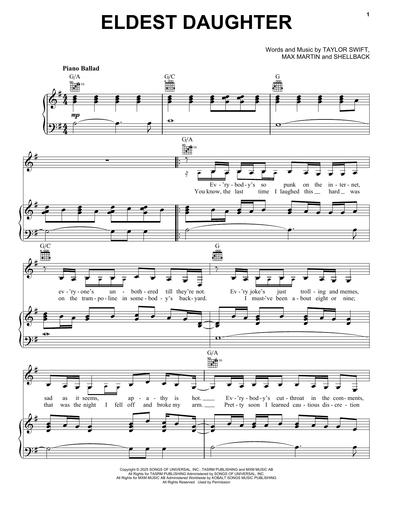 Eldest Daughter by Taylor Swift Sheet Music for Piano, Vocal & Guitar ...