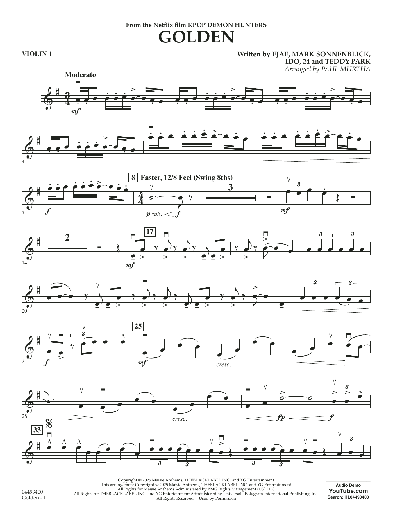 Golden (from KPop Demon Hunters) (arr. Paul Murtha) - Violin 1 by Huntr/x (Ejae, Audrey Nuna and ...