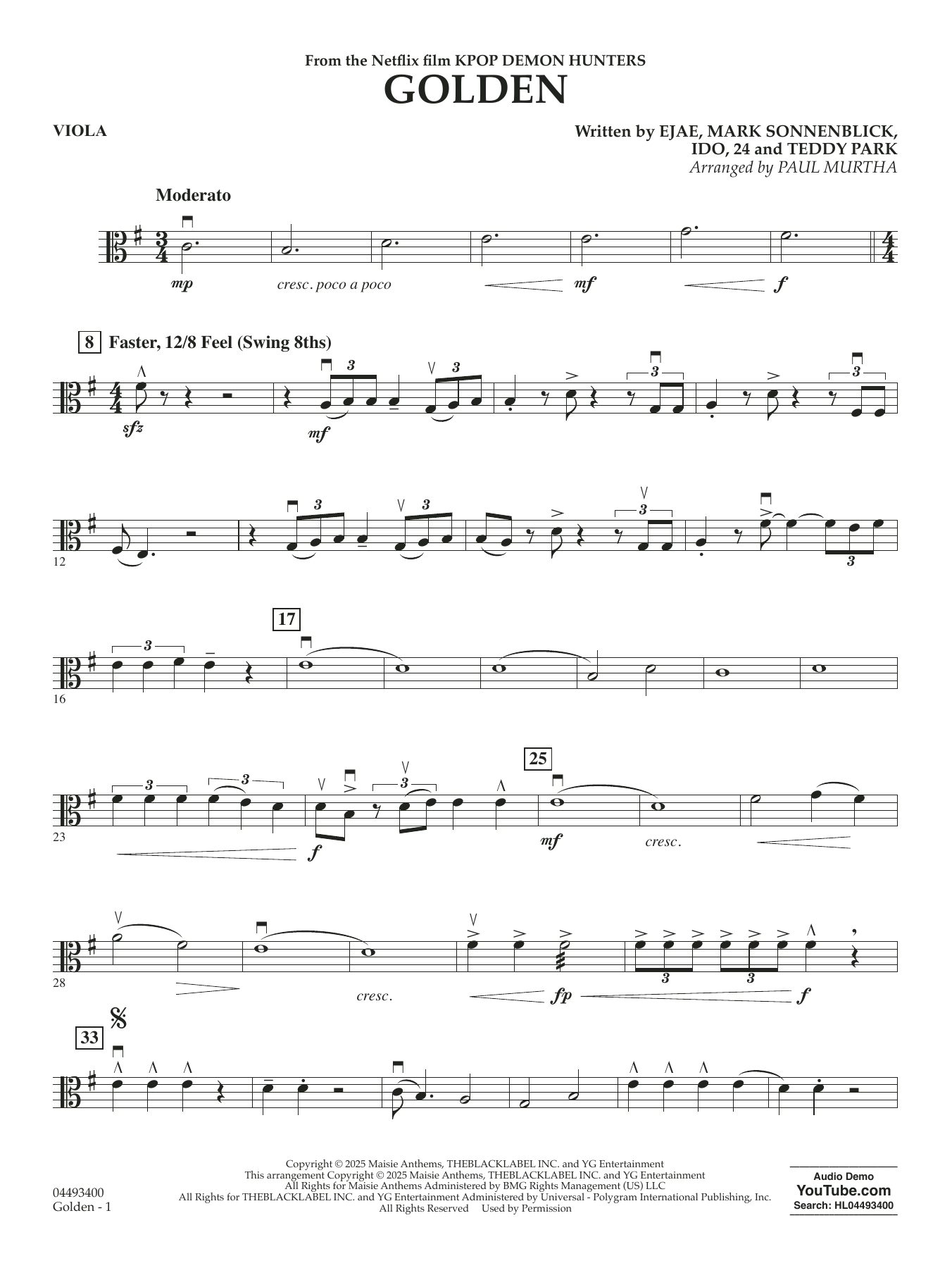 Golden (from KPop Demon Hunters) (arr. Paul Murtha) - Viola by Huntr/x (Ejae, Audrey Nuna and ...