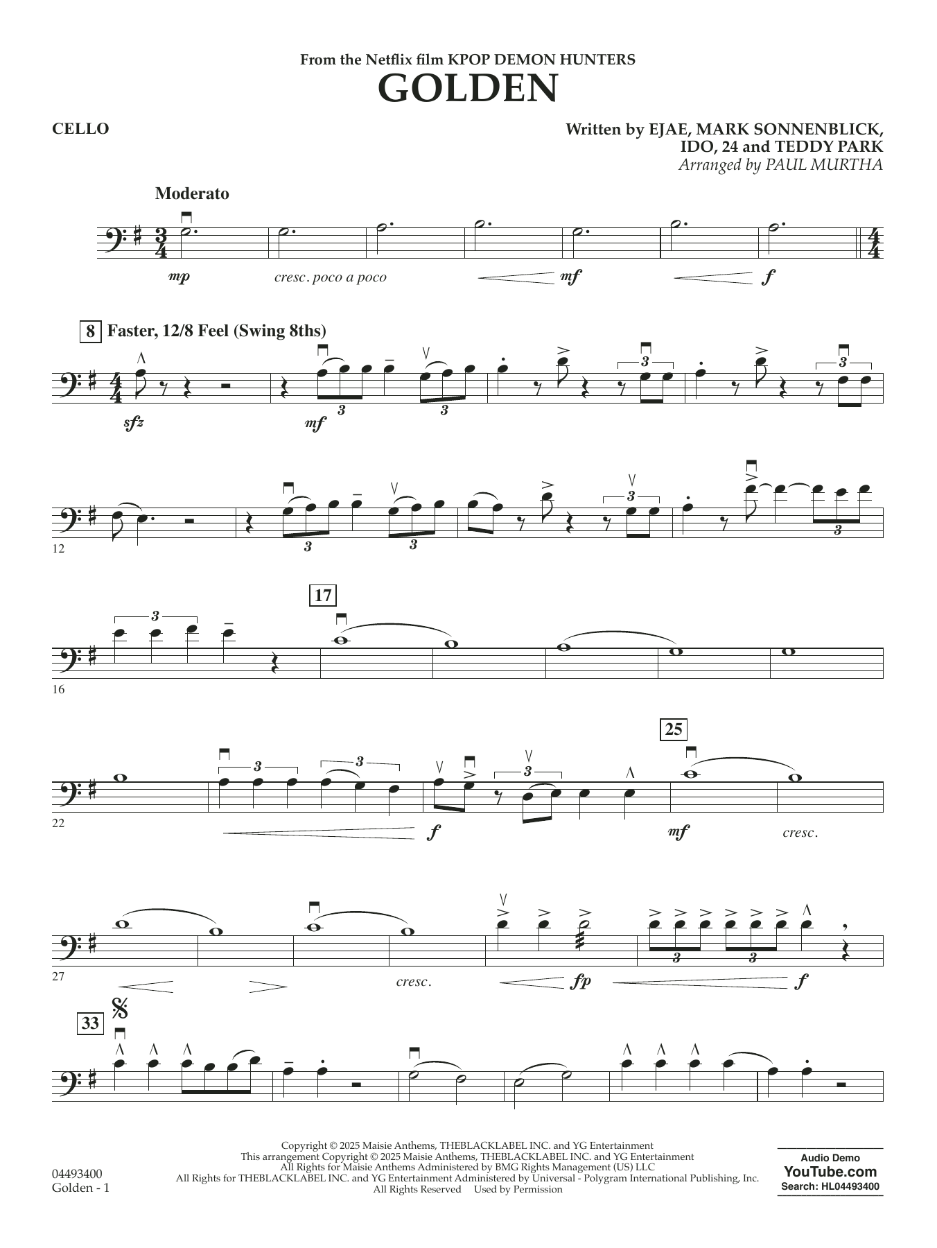 Golden (from KPop Demon Hunters) (arr. Paul Murtha) - Cello by Huntr/x ...