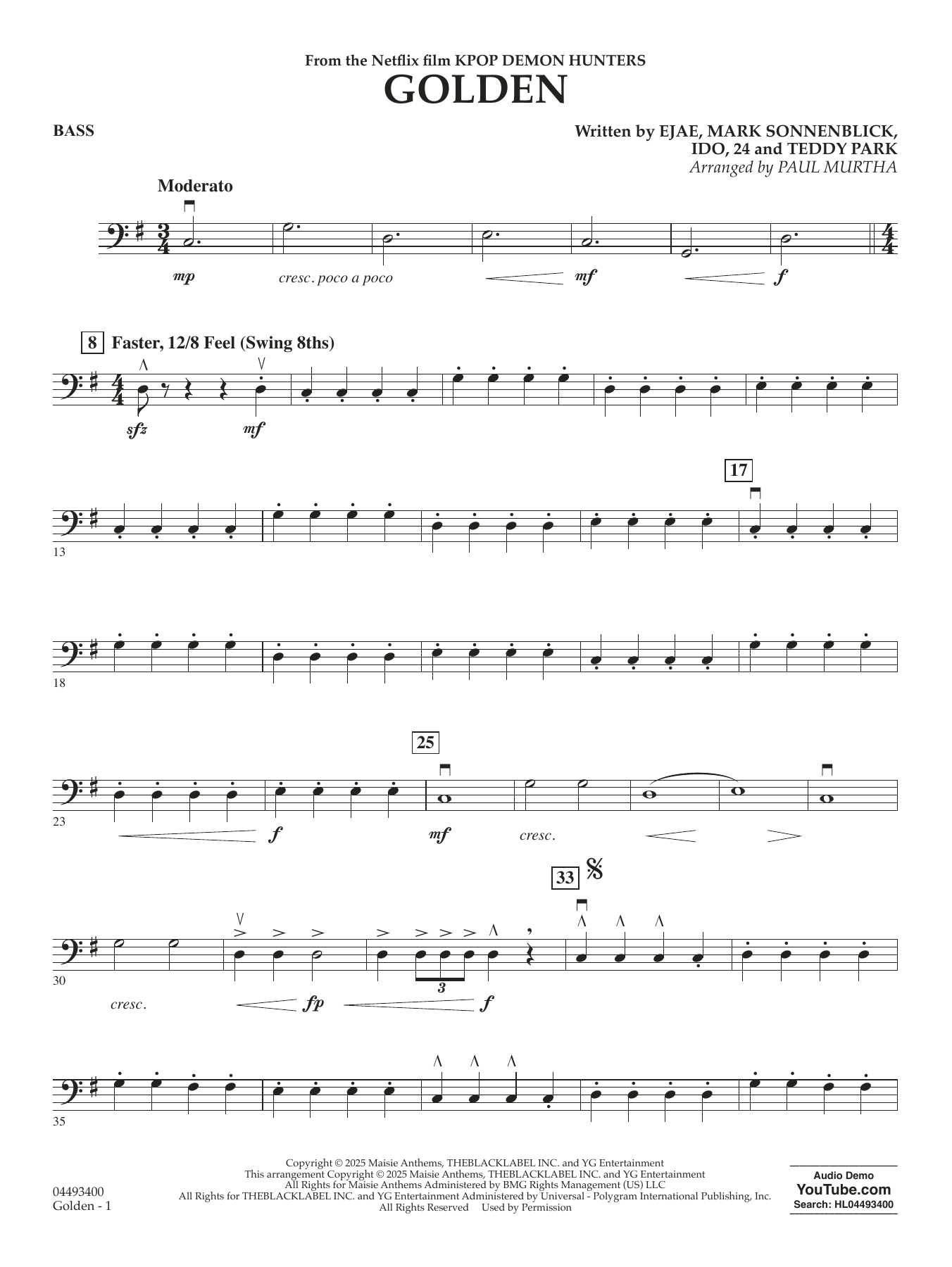 Golden (from KPop Demon Hunters) (arr. Paul Murtha) - Bass by Huntr/x (Ejae, Audrey Nuna and Rei ...